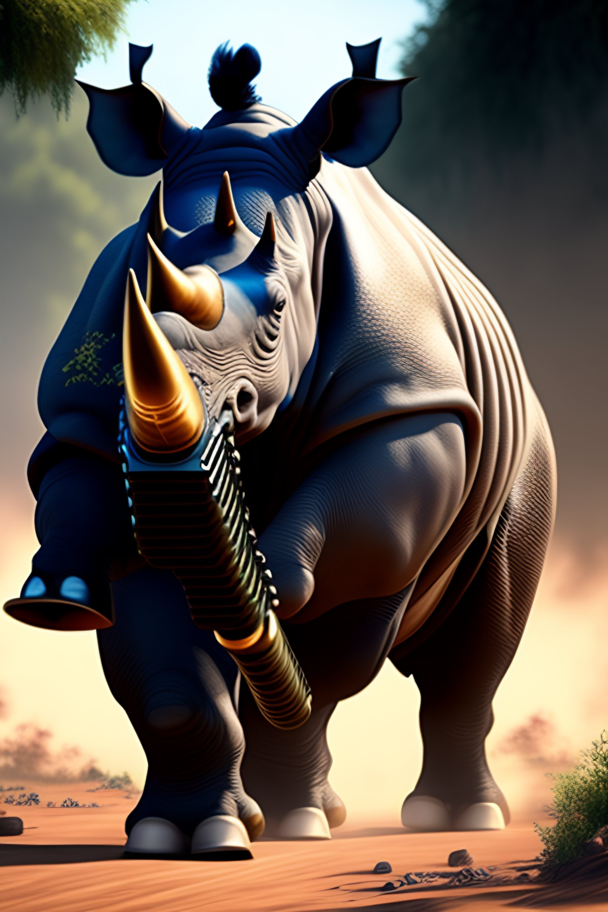 Lexica - A rhino wielding a rocket-launcher from a video game.