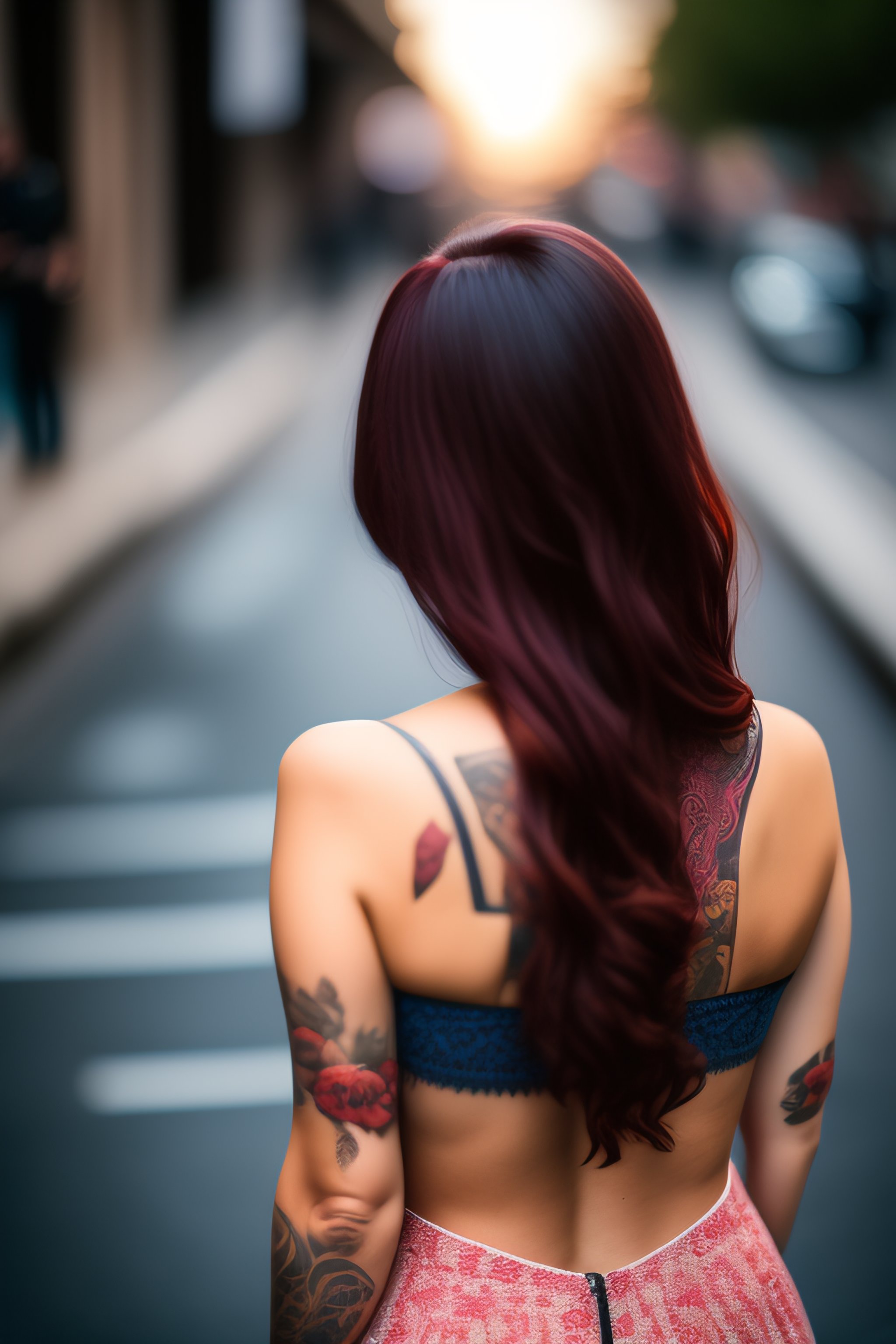 Lexica - Beautiful clothed girl, seen from the back, street photography, naughty rose tattoo ...