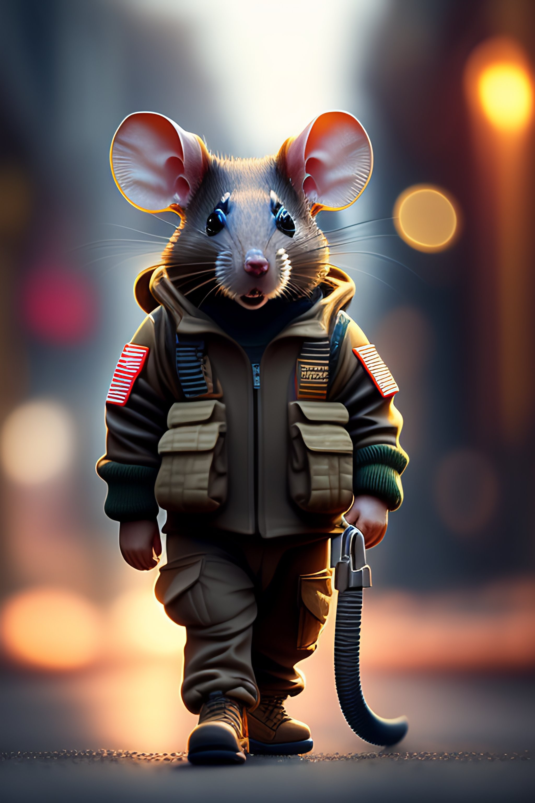 Lexica - A military rat with a machine gun walking with a baby by an ...
