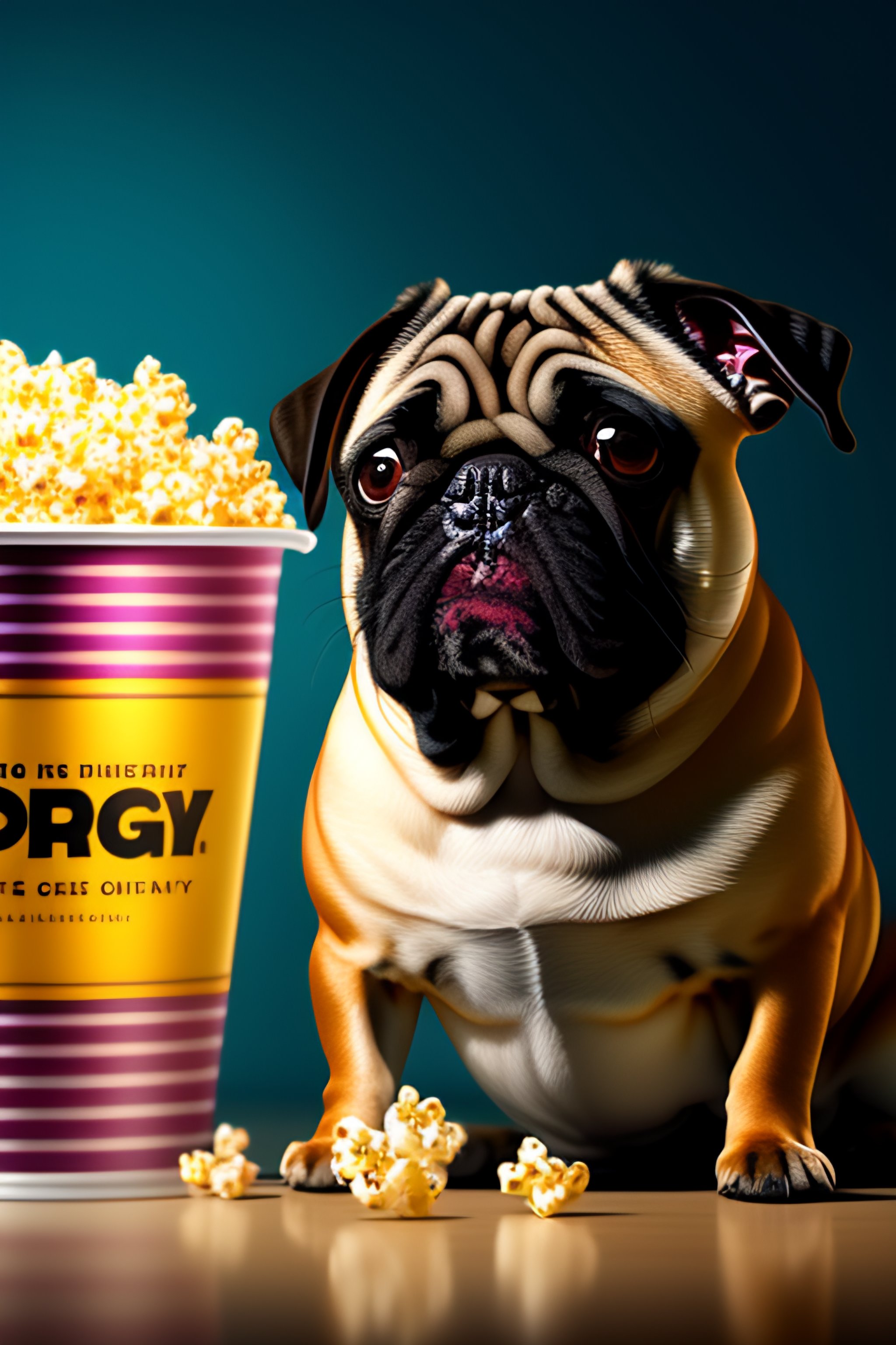 Lexica - A highly detailed long shot photo, pug dog looking a popcorn ...