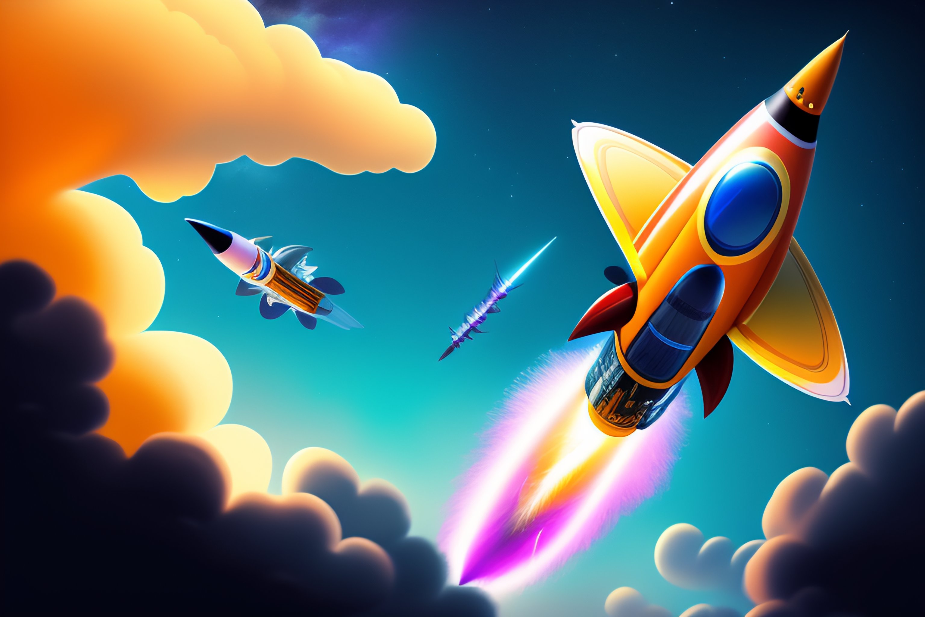 Lexica - Draw me a cartoon rocket launching into space surrounded by ...