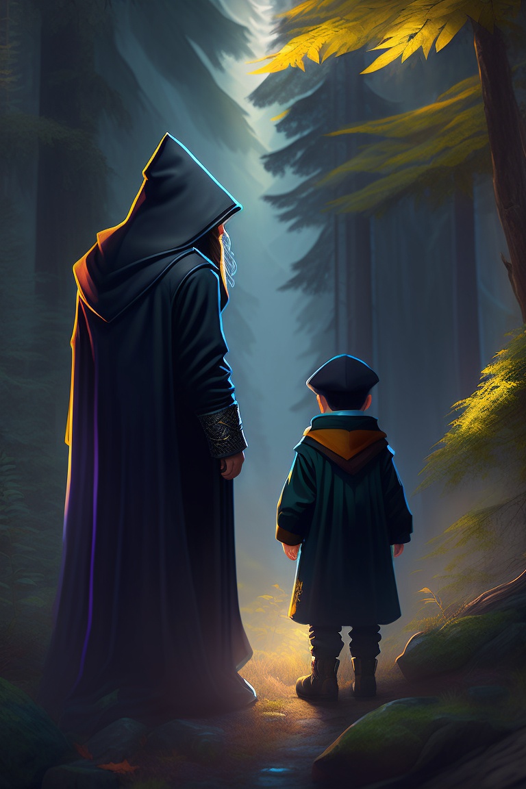 Lexica - A wizard child wearing a black overcoat and one adult wizard ...