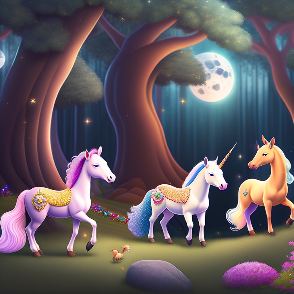 Lexica - Sparkle and Twinkle (Unicorns) walking through the Enchanted Forest, surrounded by tall ...