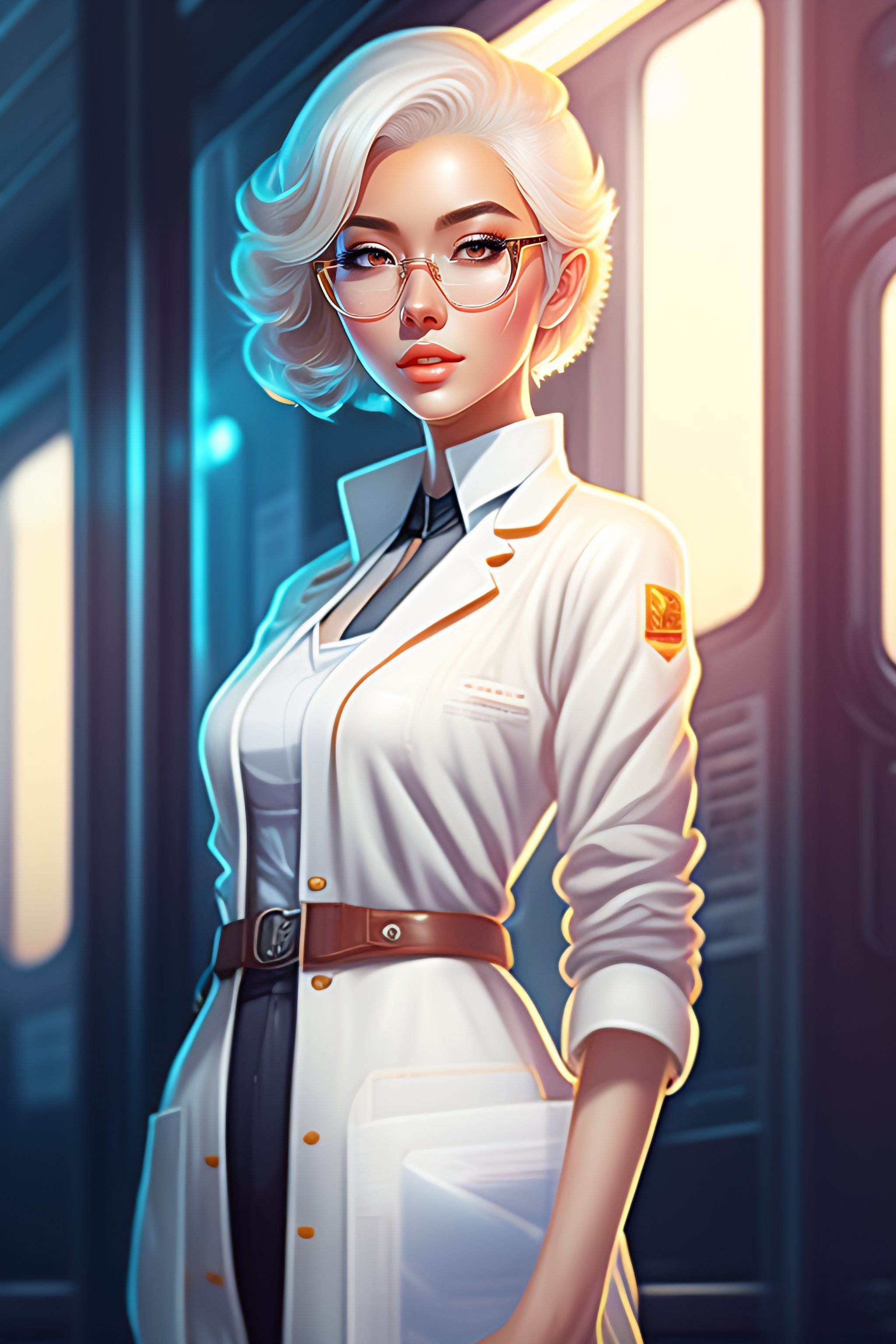 Lexica - Beautiful anime girl with short white hair, wearing lab coat ...