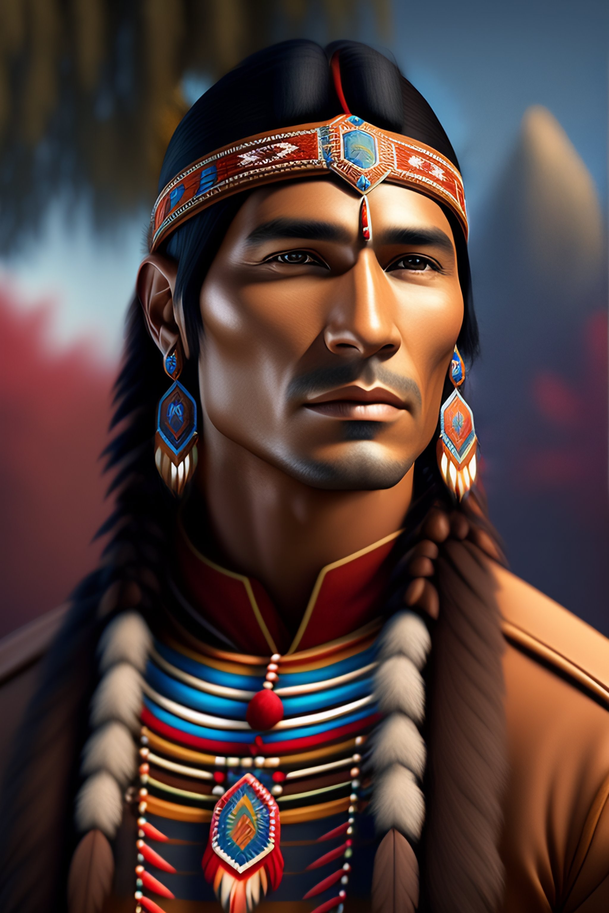 Lexica - Native american man portrait in 3d digital art with trees in ...