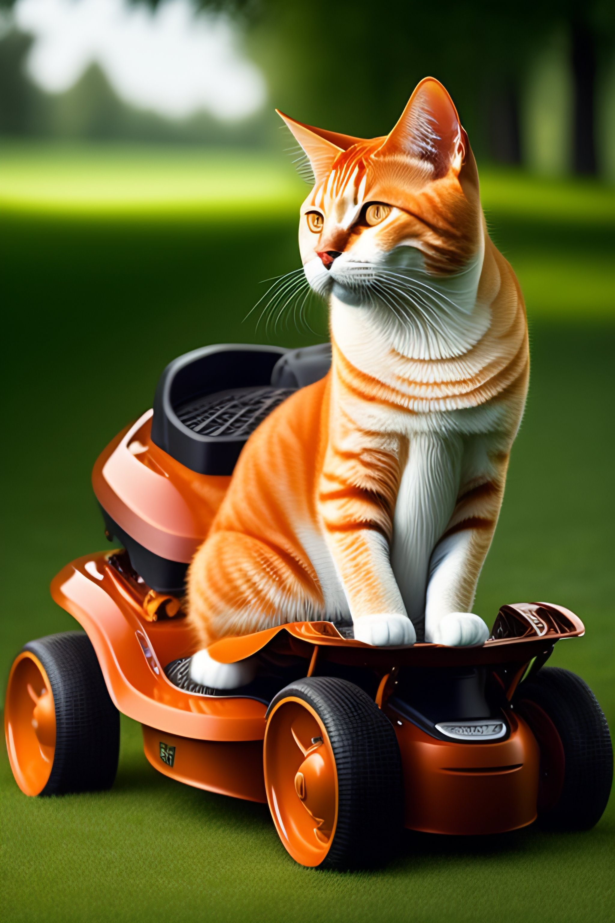 Lexica - An orange tabby cat riding a lawnmower
