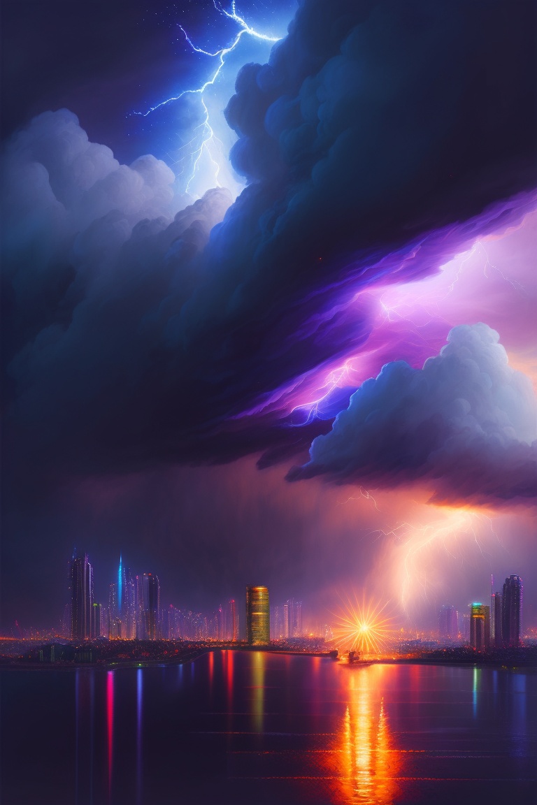 Lexica - Lightening storm over city landscape, Realistic. Dark heavy clouds of rain ...