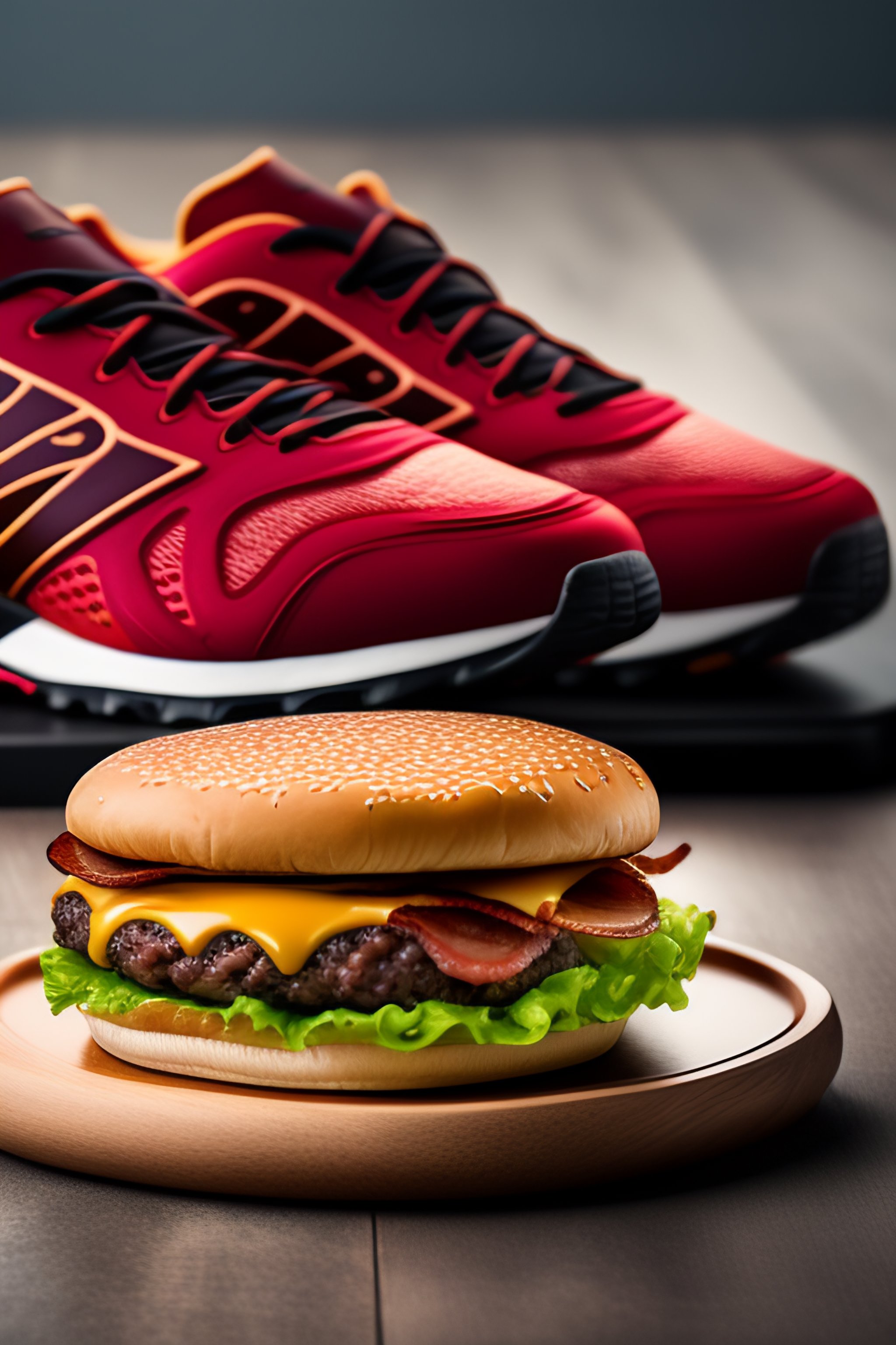 Lexica - Photo of a pair of running trainers made from burgers and bacon