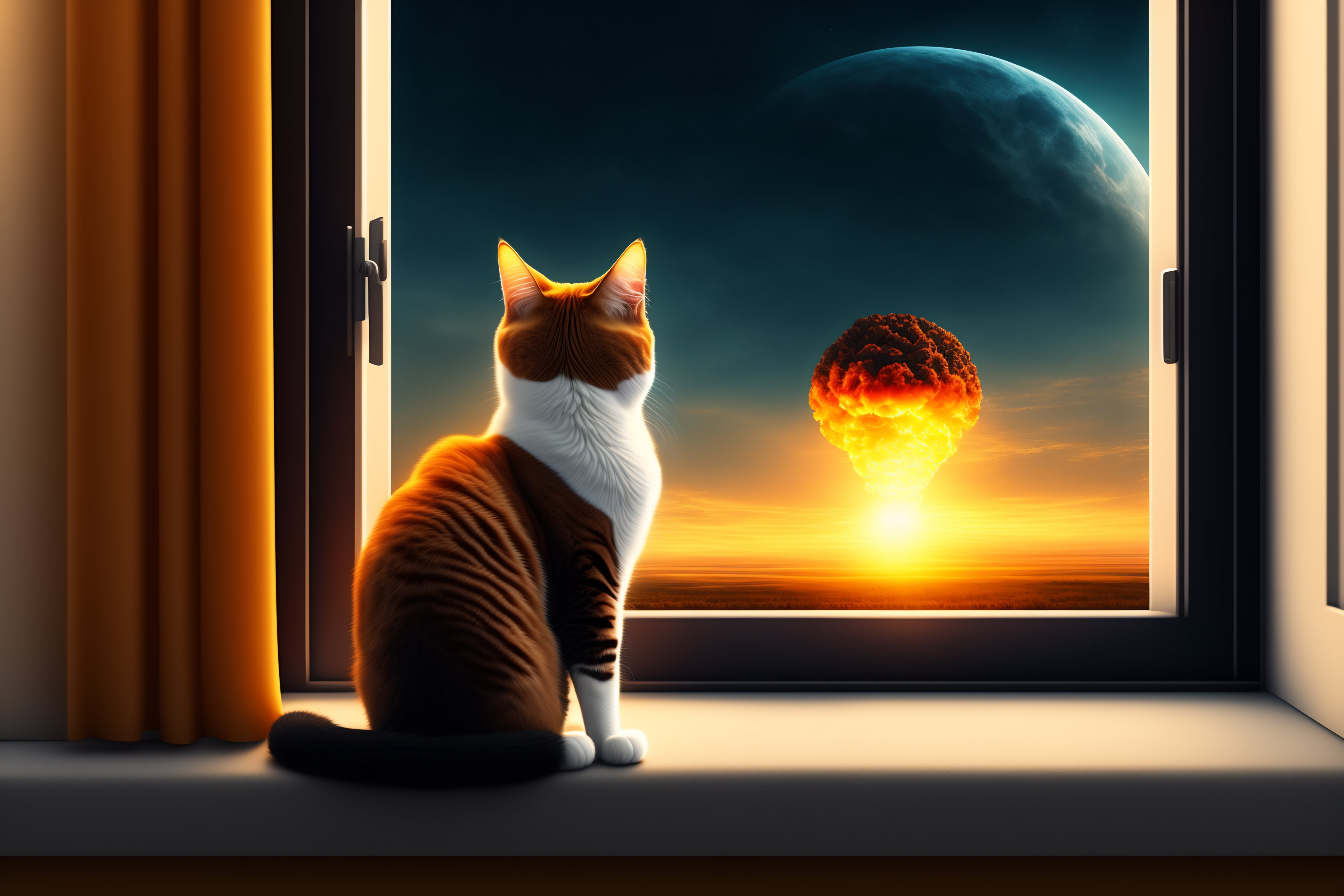 Lexica - The cat looks at the nuclear explosion, sitting on the windowsill
