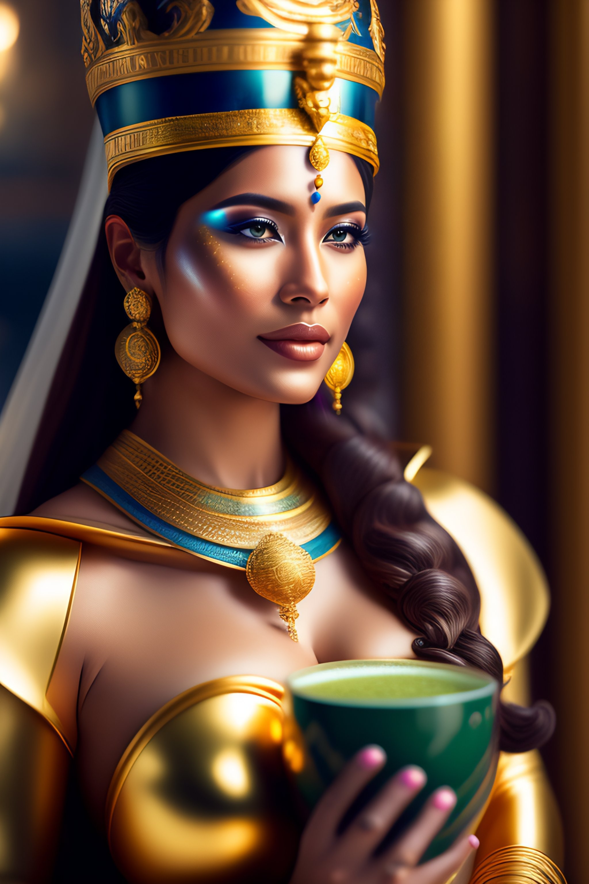 Lexica - ATHENA , goddess with golden skin with blue adornments, drinking a matcha from a matcha ...