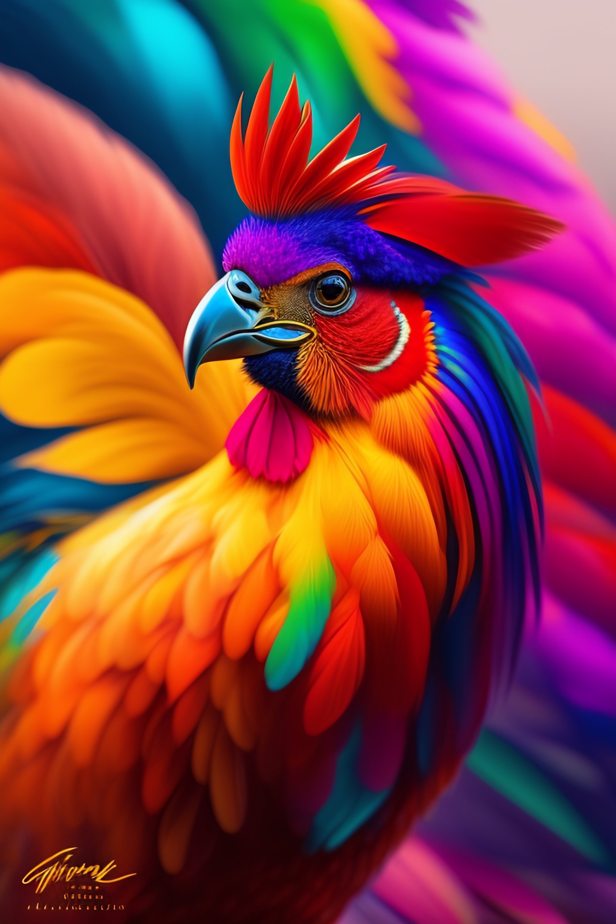 Lexica - A colorfull feathers rooster, large feathers, bright colors ...