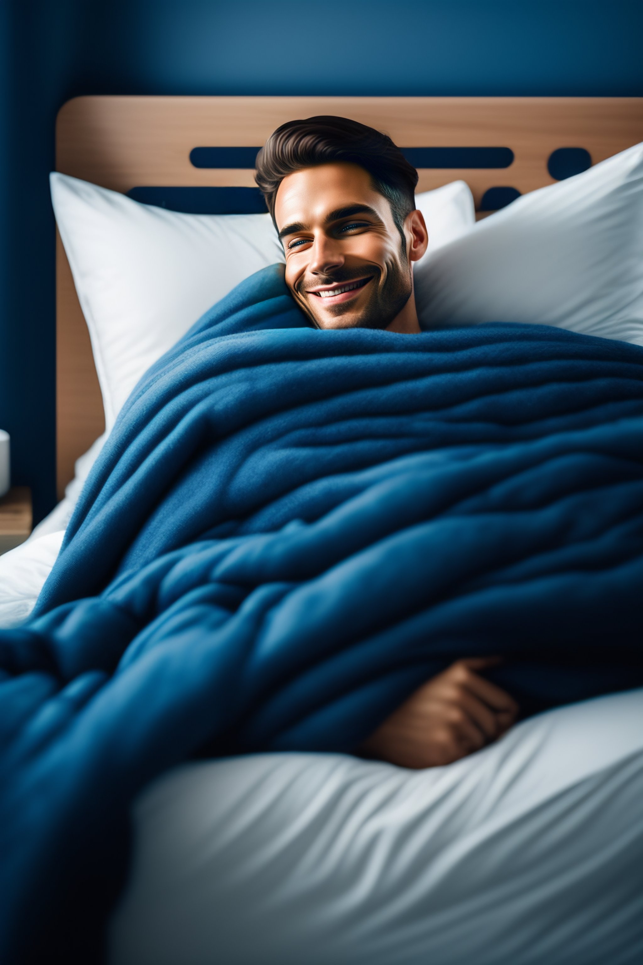 Lexica - Happy man slepping in a bed with thin blanket that hugs whole ...