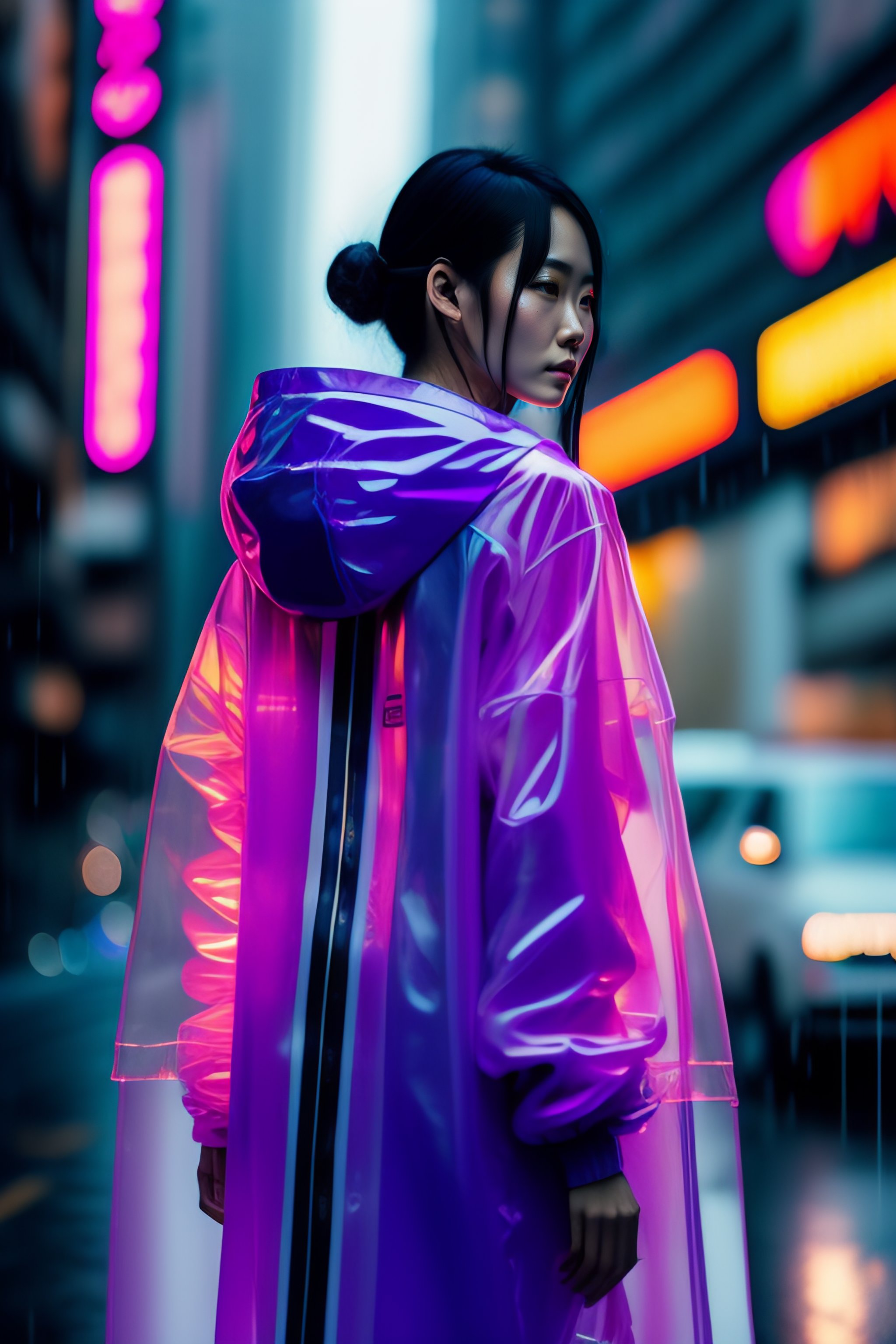 Lexica - Kaori from akira wearing transparent raincoat, cyborg parts, rainy Neo Tokio photo ...
