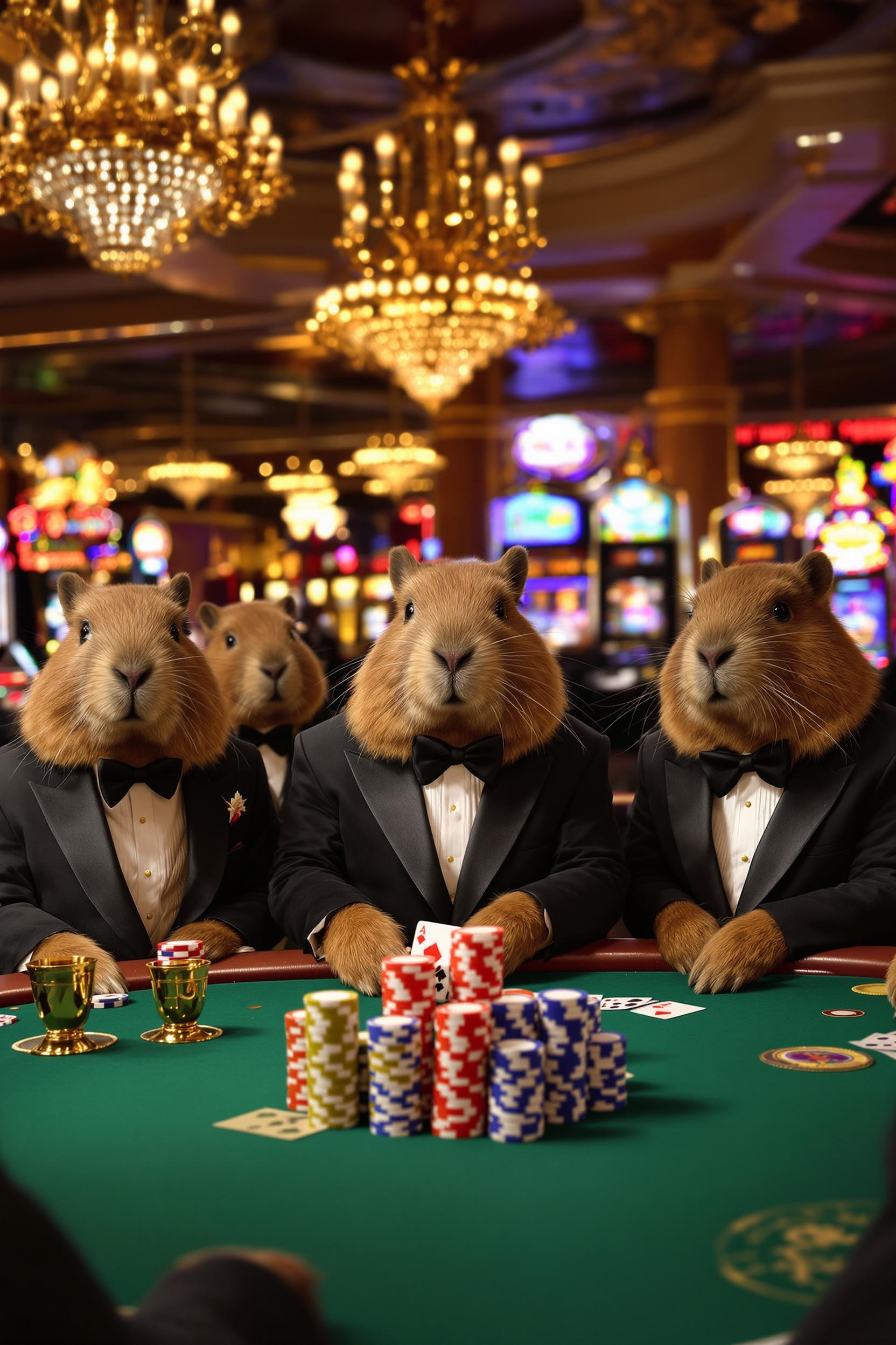 Lexica - Group of capybaras playing cards in a casino in Las Vegas photo