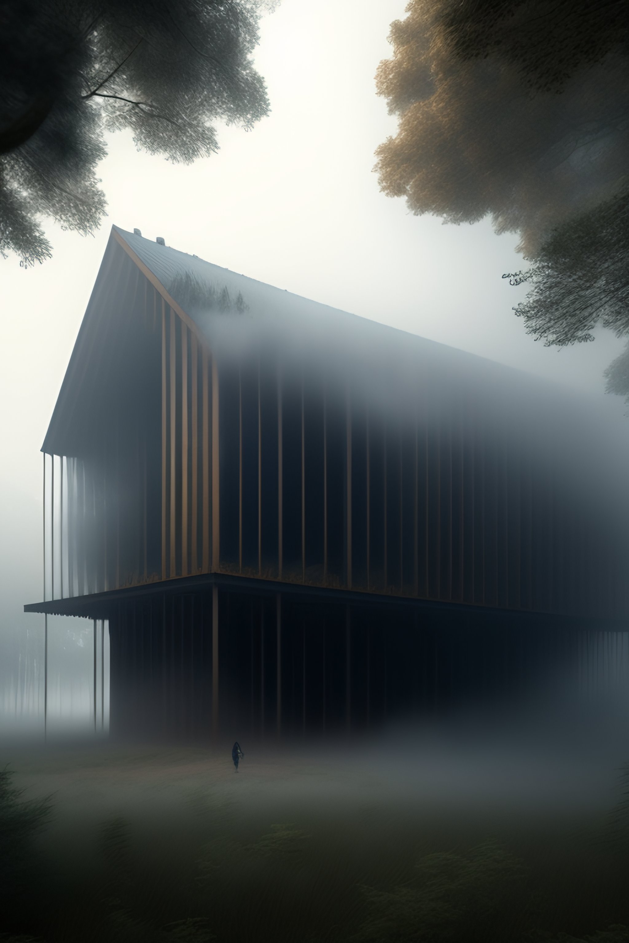 Lexica - Realistic photo of an 2-story building semi-covered by forest ...