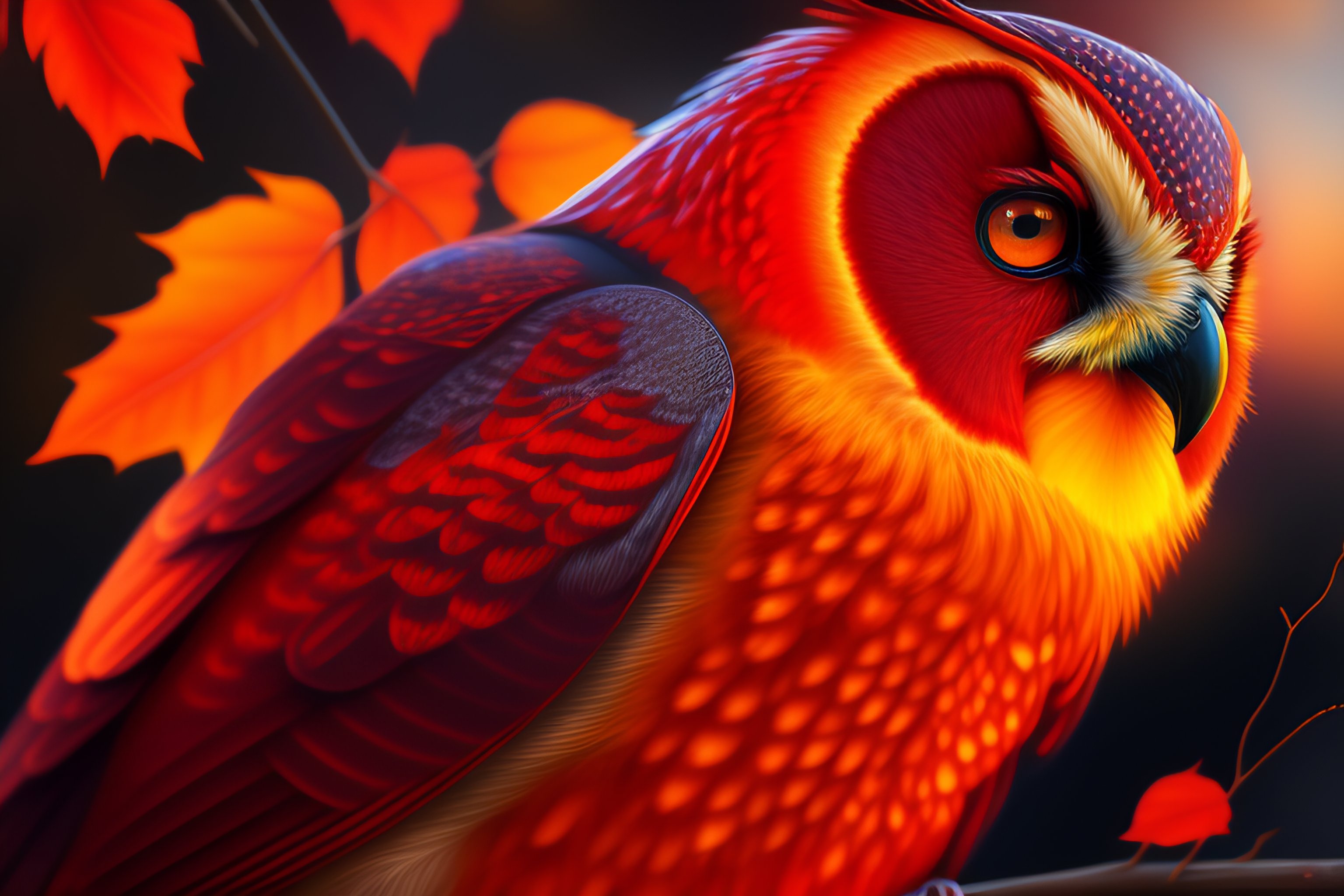 Lexica - Radiant red owl, glowing amber, autumn colours, highly ...