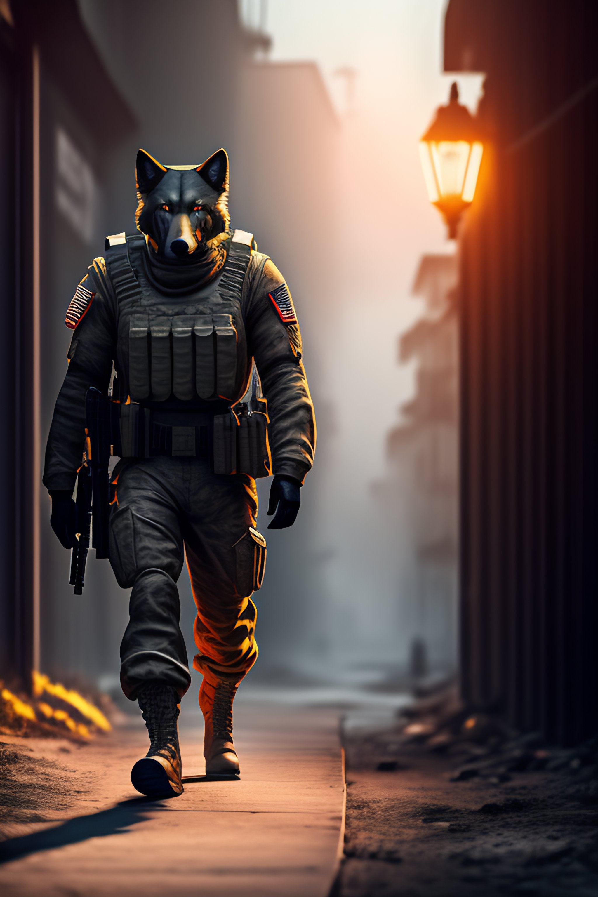 Lexica - A military alpha wolf with a machine gun walking with a double ...