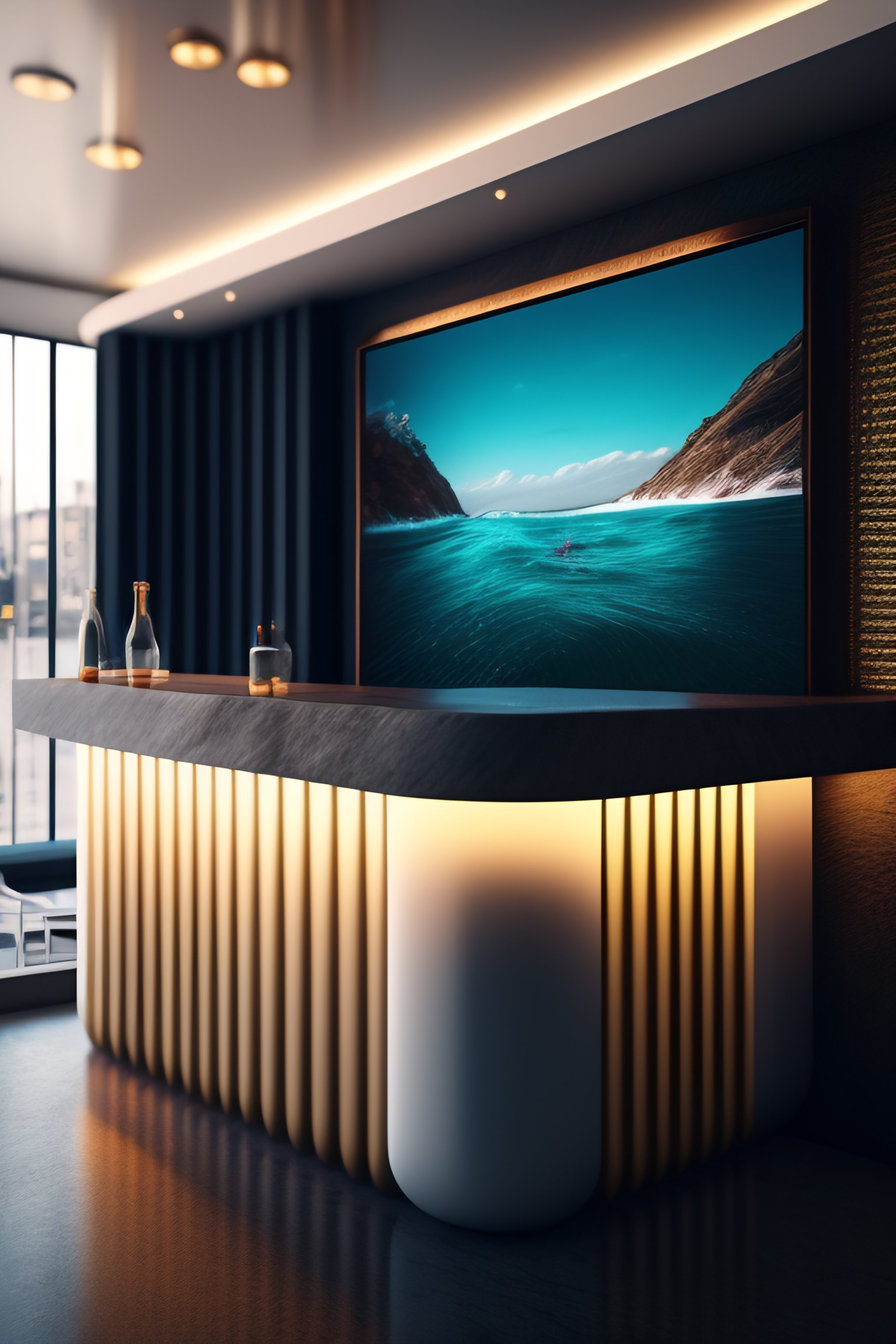 Lexica - C4d render, bar, sea themed, high end, design, modern,warehouse