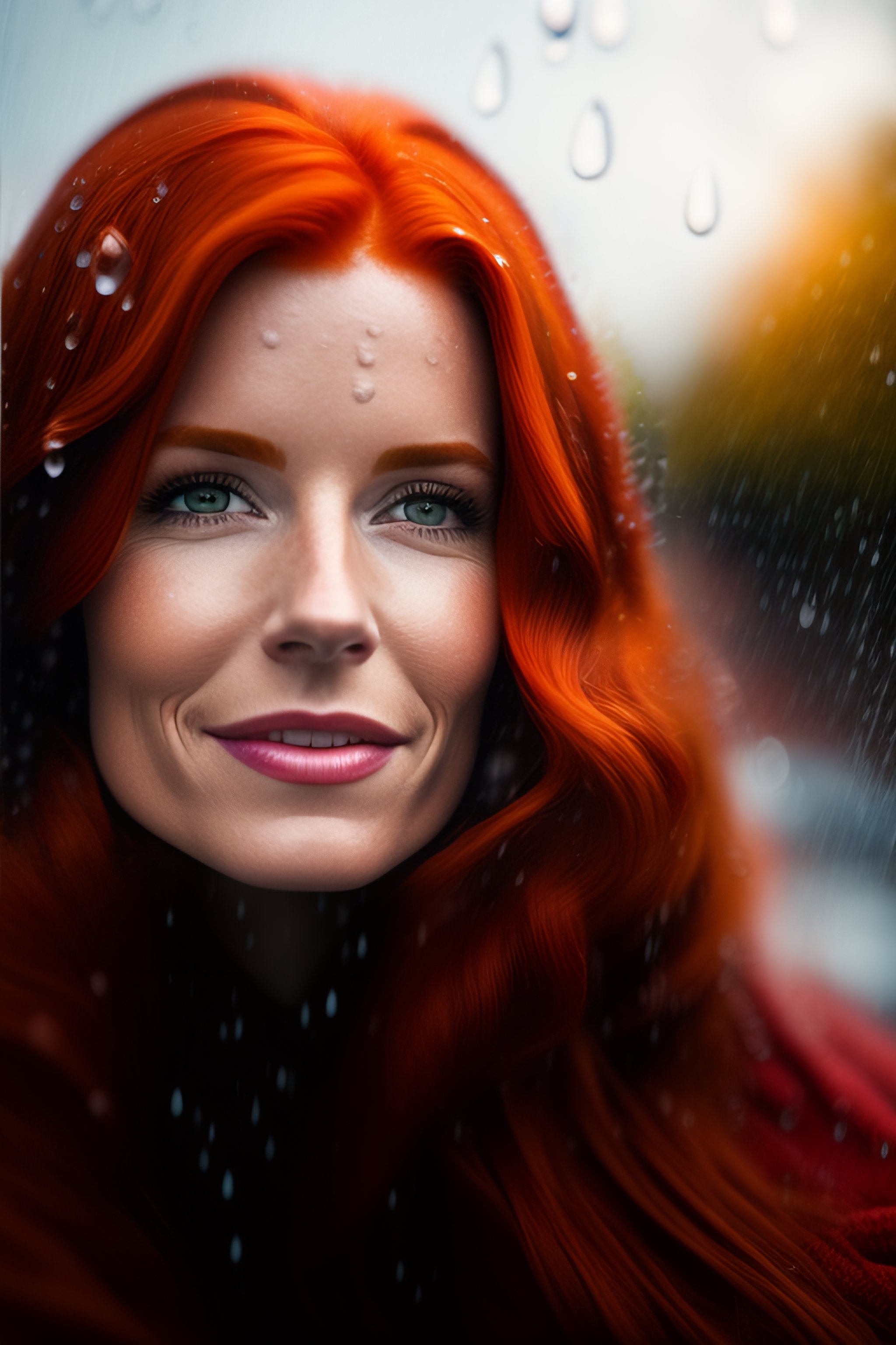 Lexica - The portrait of a red-haired woman in the rain, look up ...