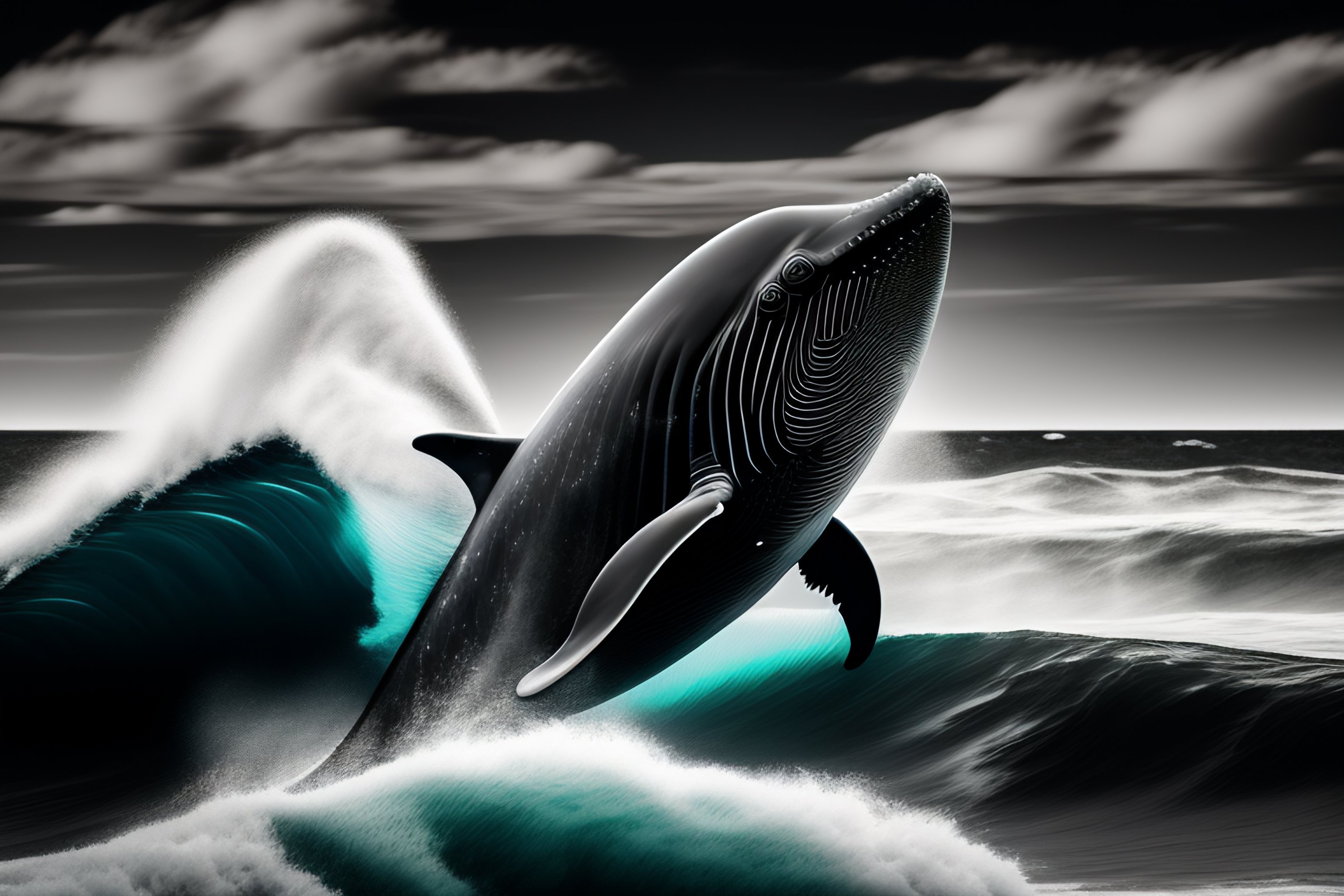 Lexica - A text written "The Money Whale", black and white, neon, ocean ...