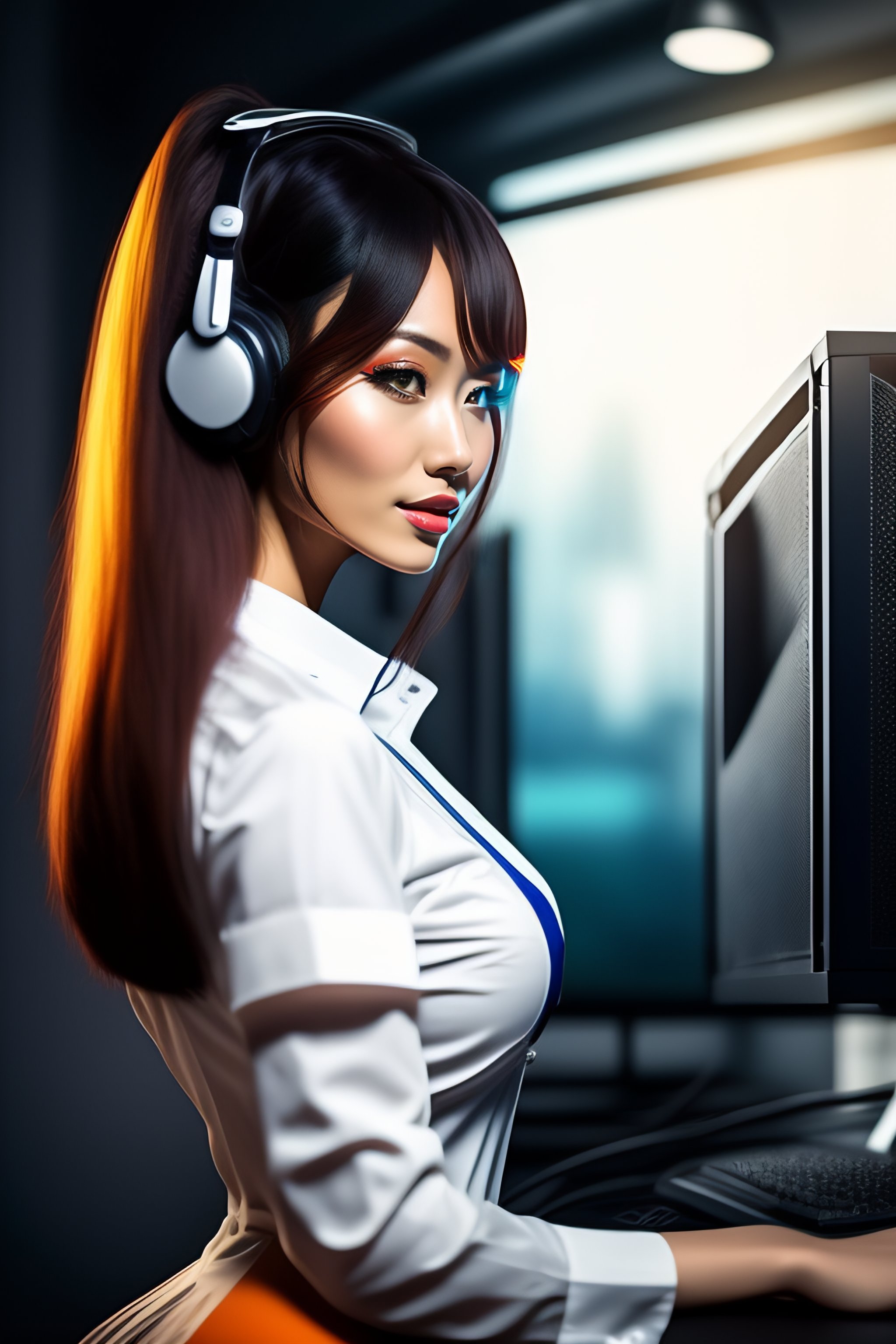 Lexica - Sexy anime girl working on computer in loft skyline