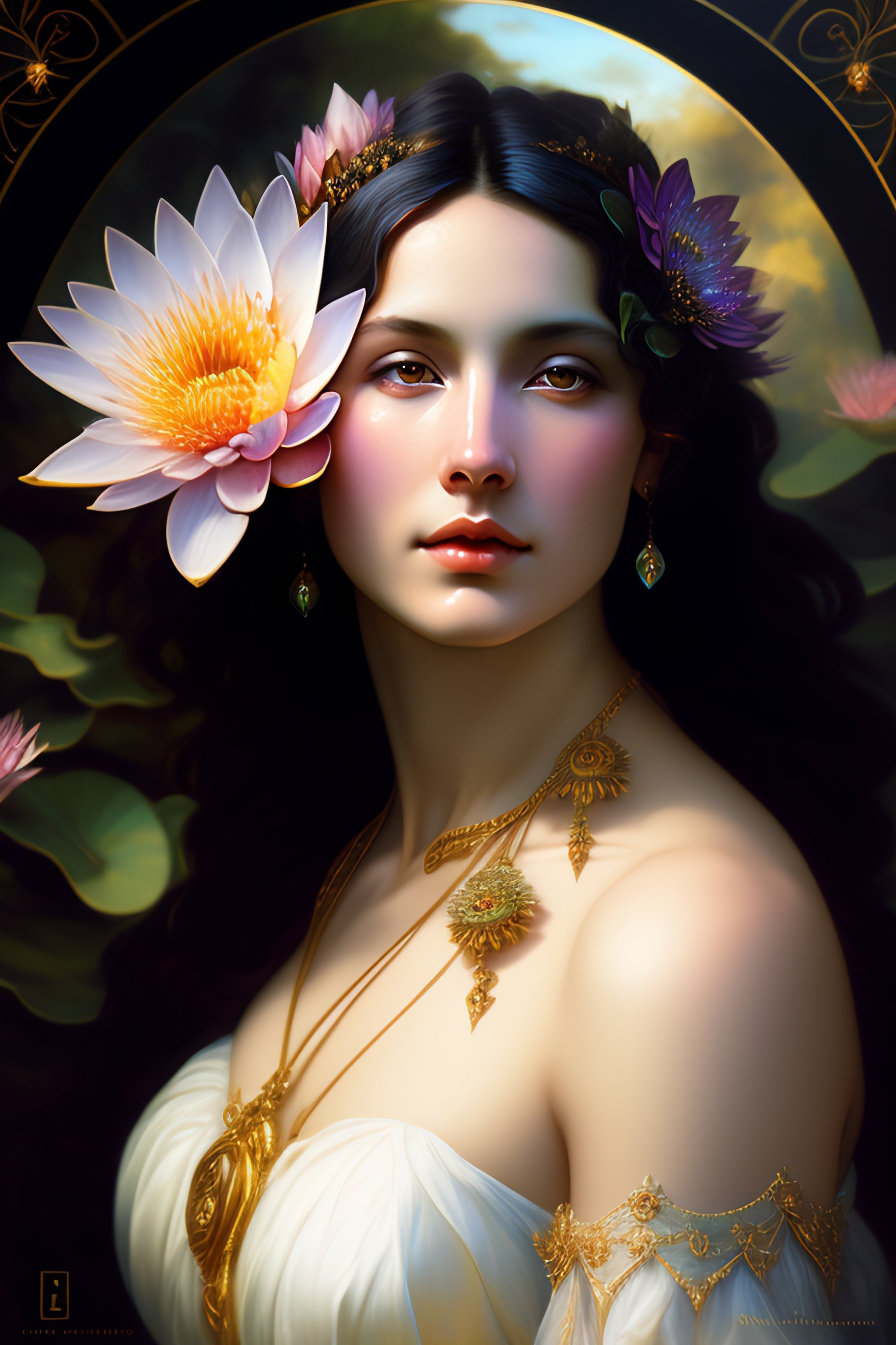 Lexica - Dark haired fae female, water lily, by Annibale Carracci, by ...