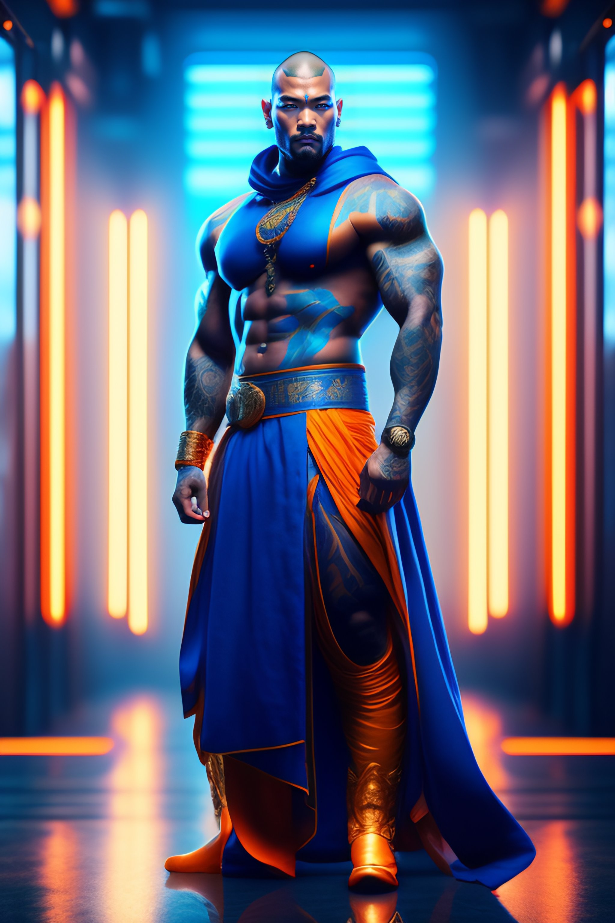 Lexica - Cyberpunk, buddhist monk, blue skin, orange skin, tattoos ...