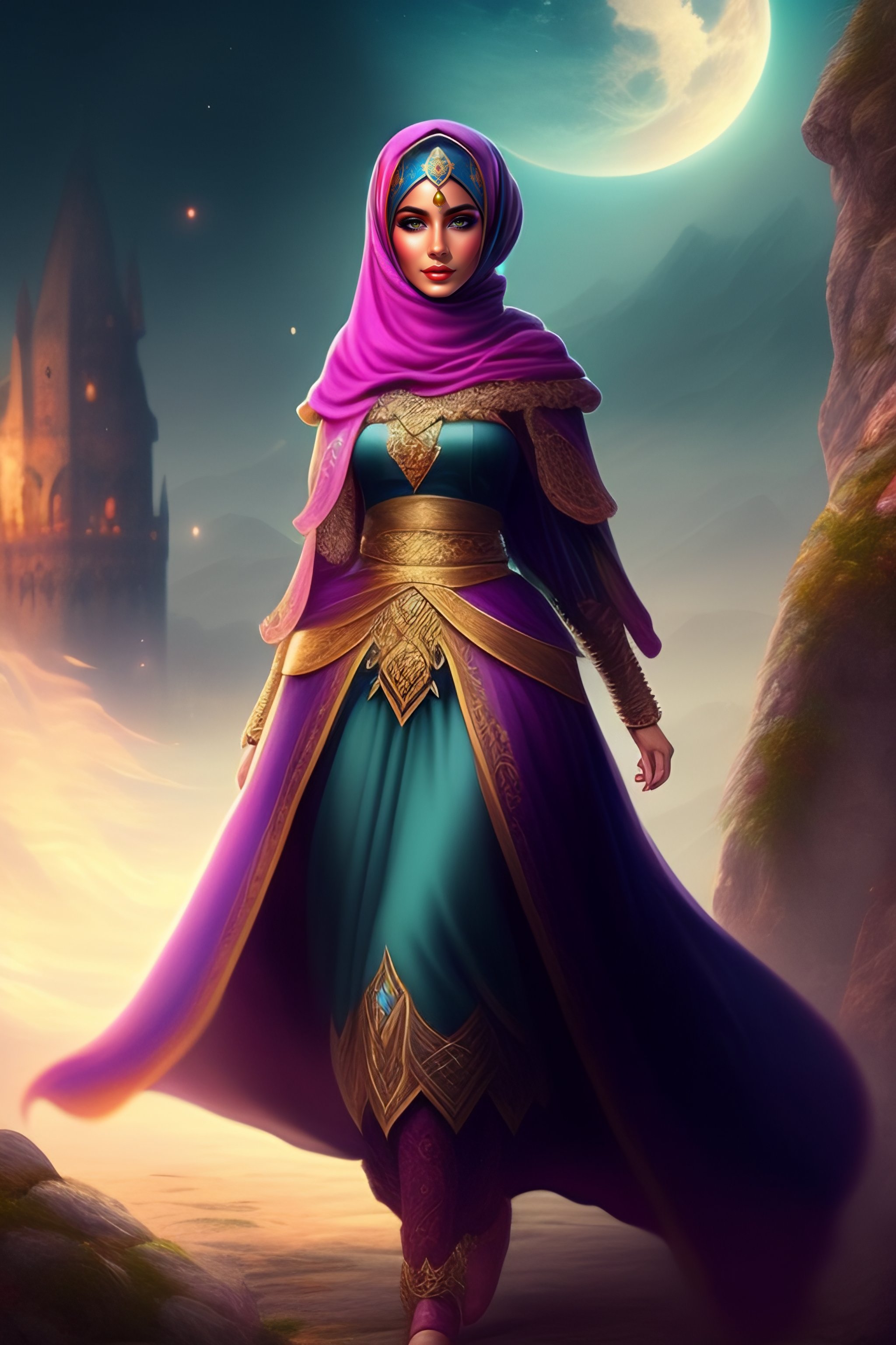 Lexica - Cute gorgeous hijab girl in fantasy world settings wear mage outfit