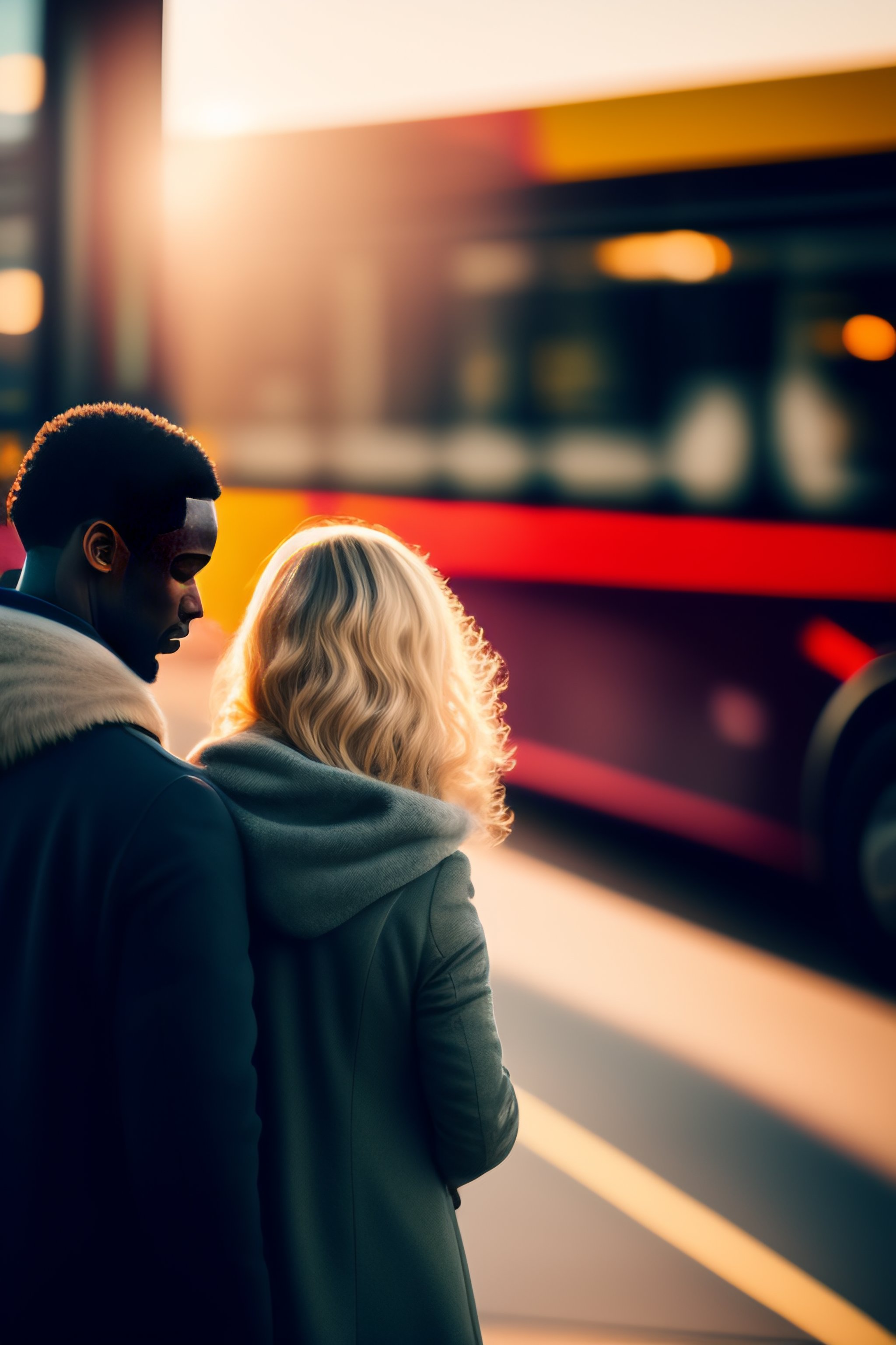Lexica - A blonde woman and a black man holding hands on a city bus ...