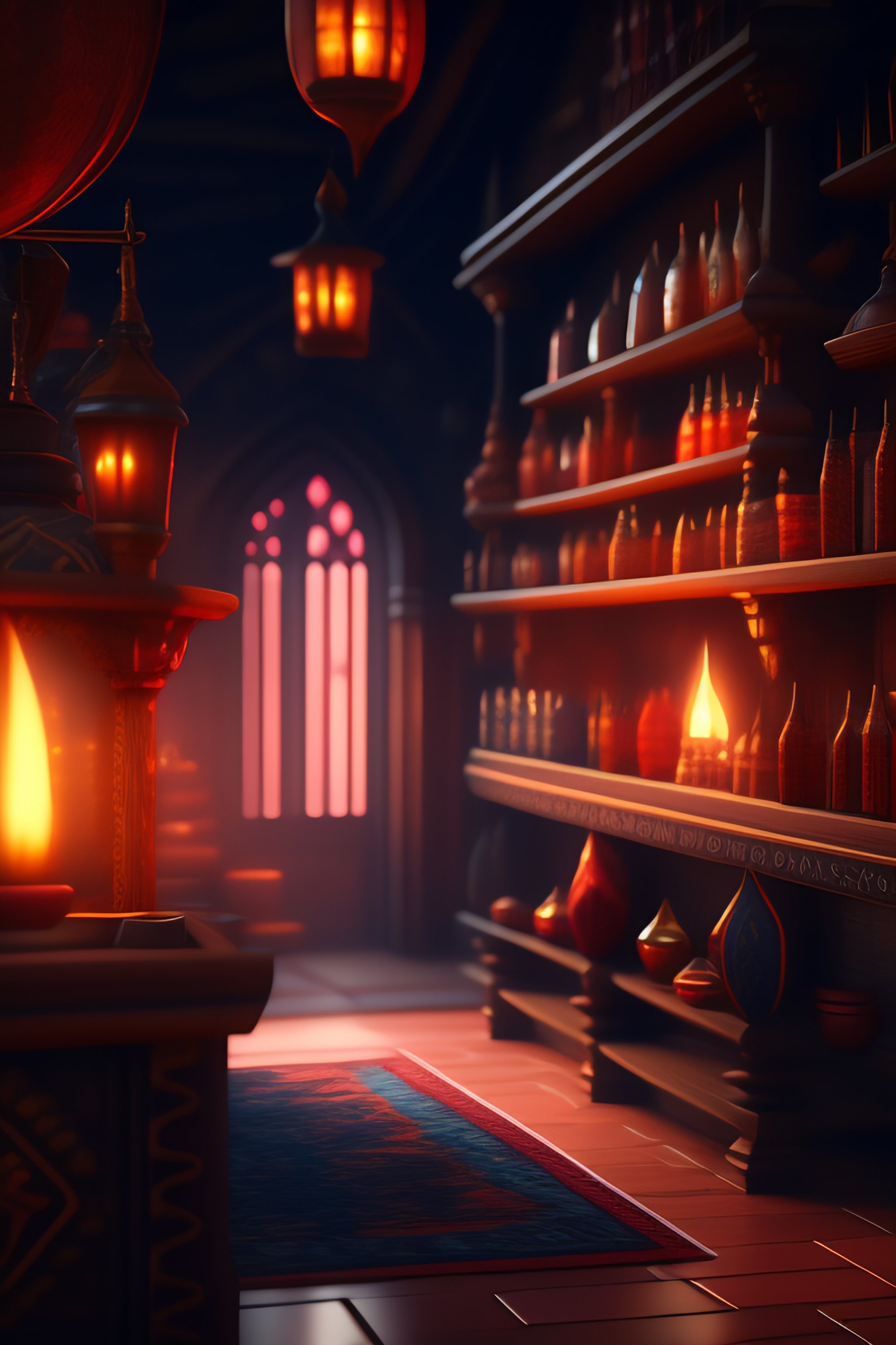 Lexica - Young fire mage inside a magical item shop, fantasy potion ...