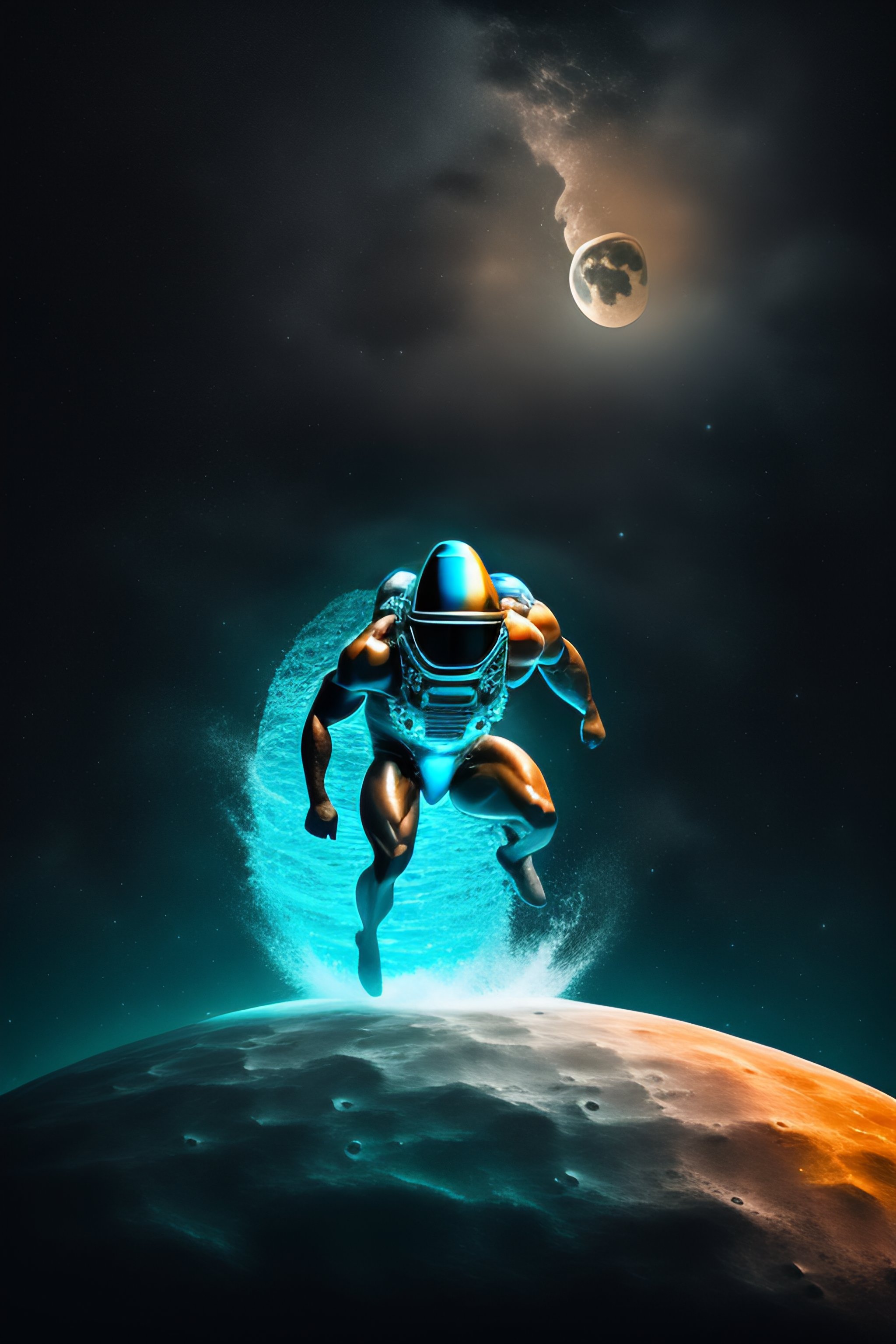 Lexica - Bodybuilder alien swimming through molten lead on the moon