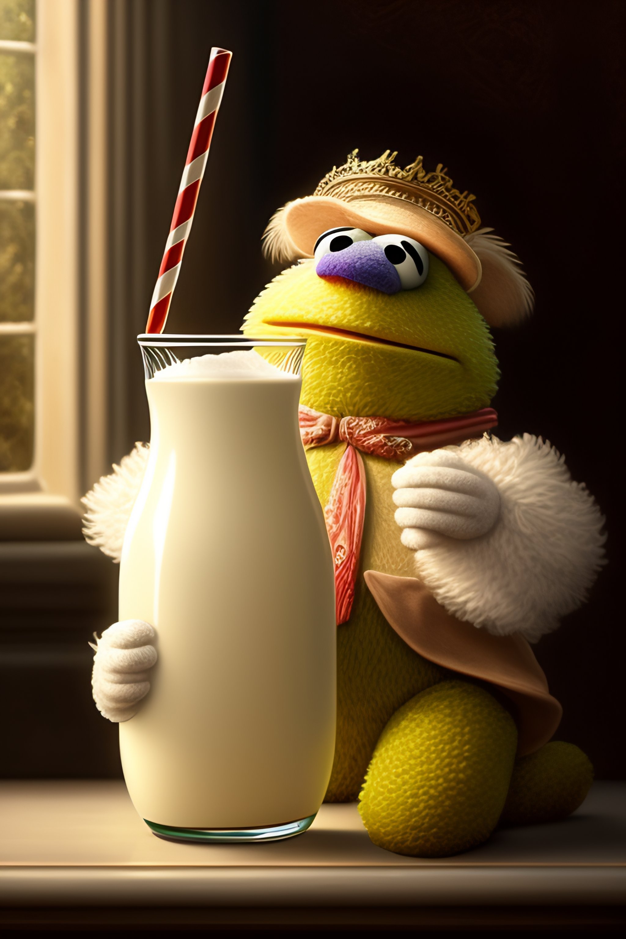 Lexica - Muppet holding a glass of milk in the style of Gustave Dore