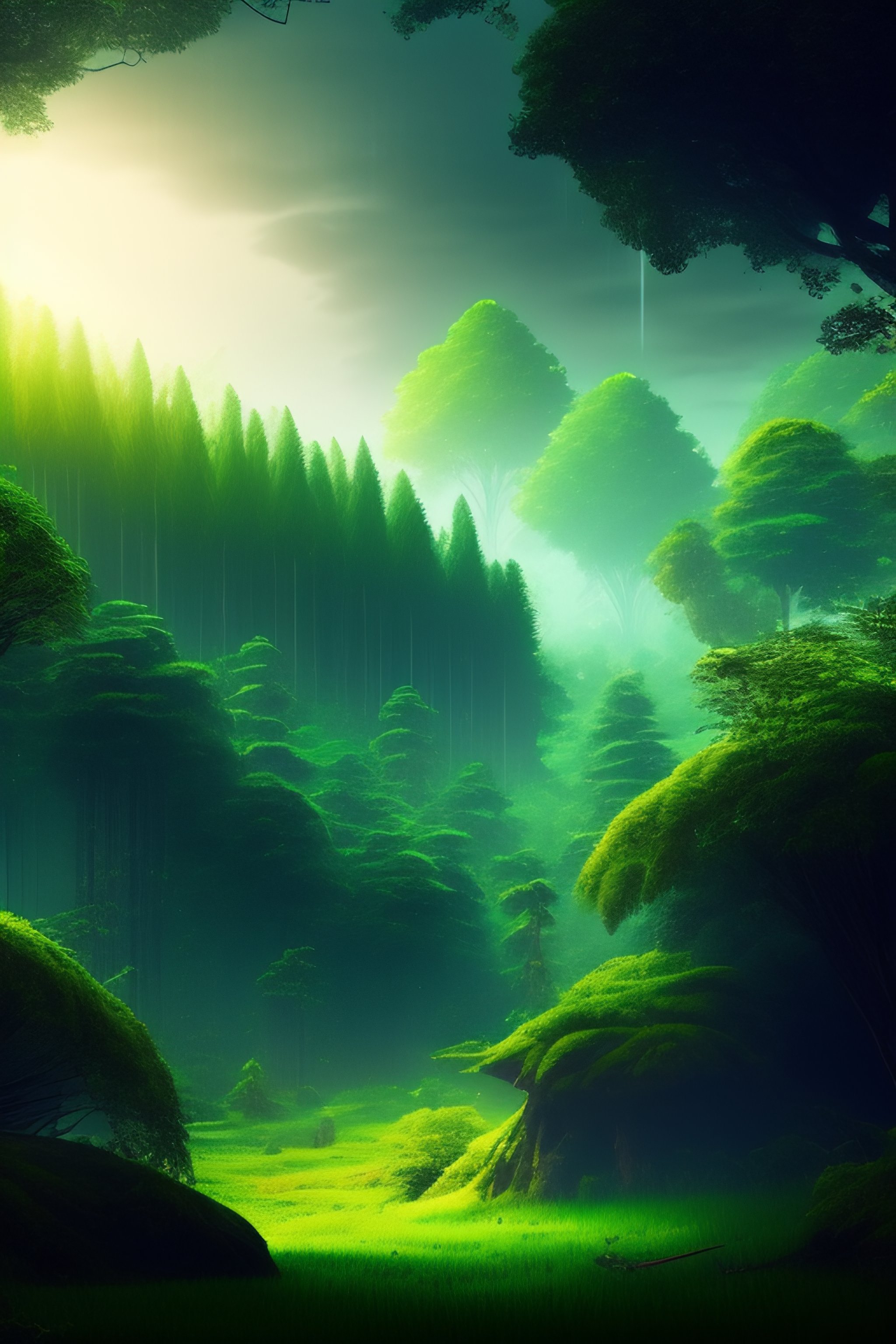 Lexica - A thick rain forest with lush tall green trees, photograph ...