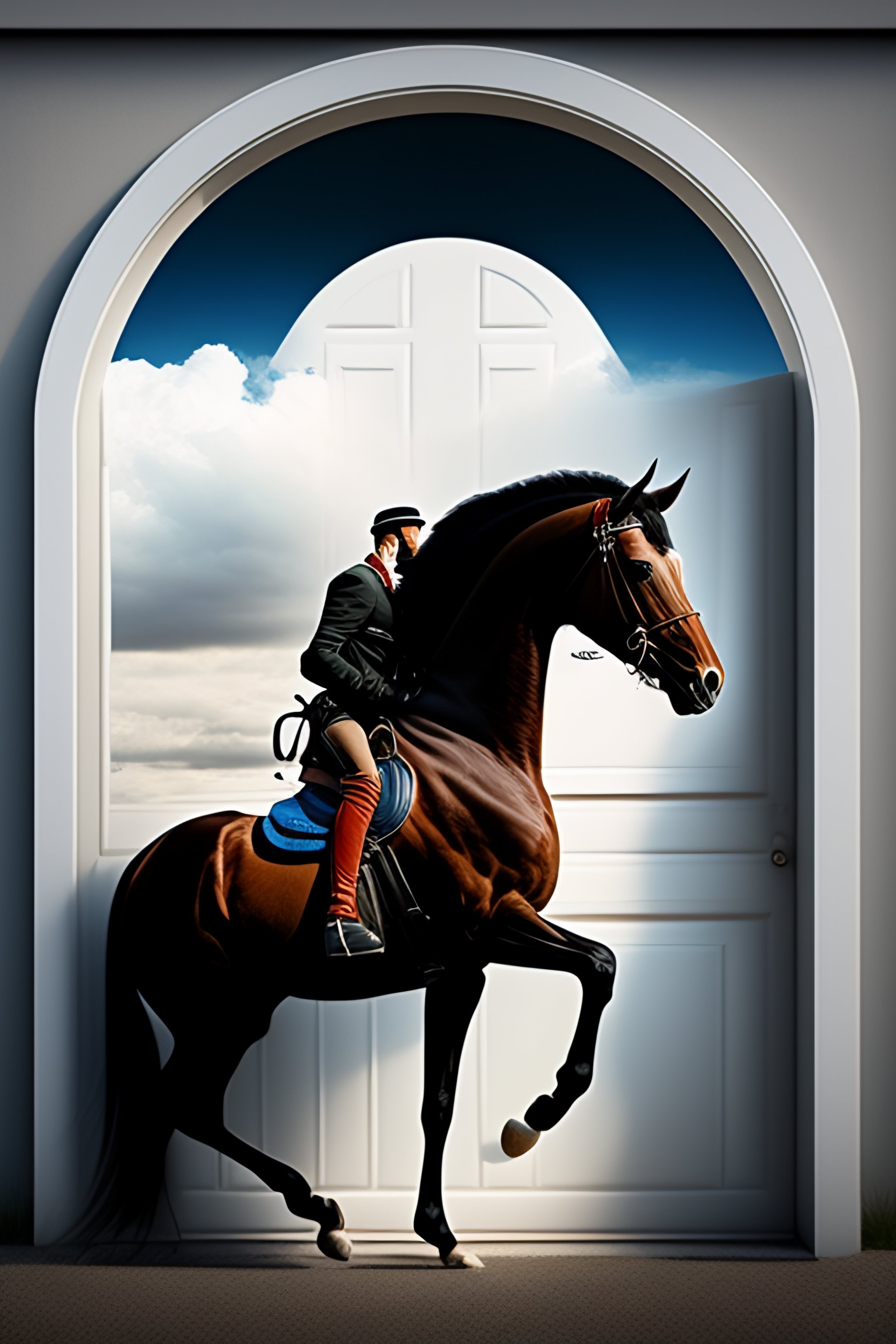 Lexica - Man riding a flying horse entring a big white door in the sky