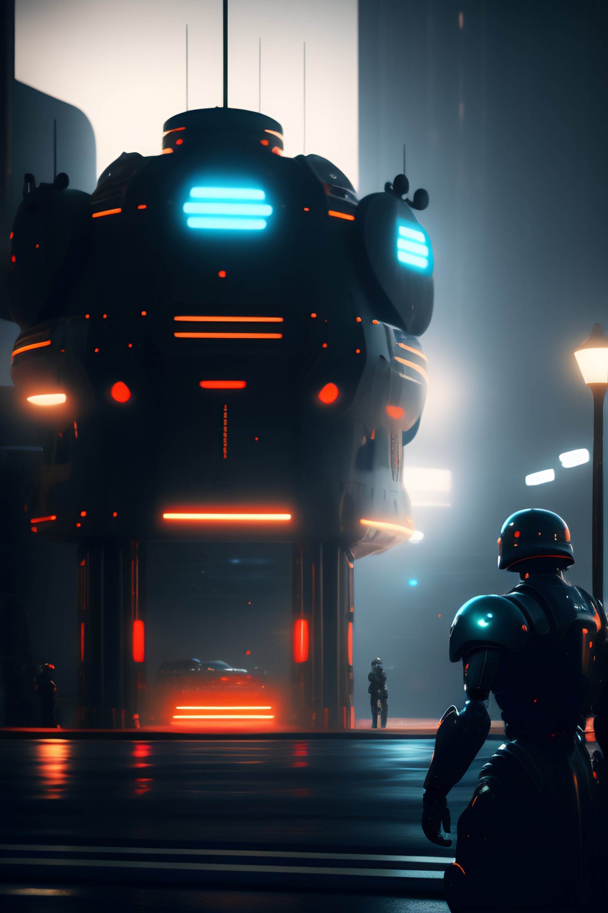 Lexica - Big robots with iron suits guarding a night club, dystopian ...