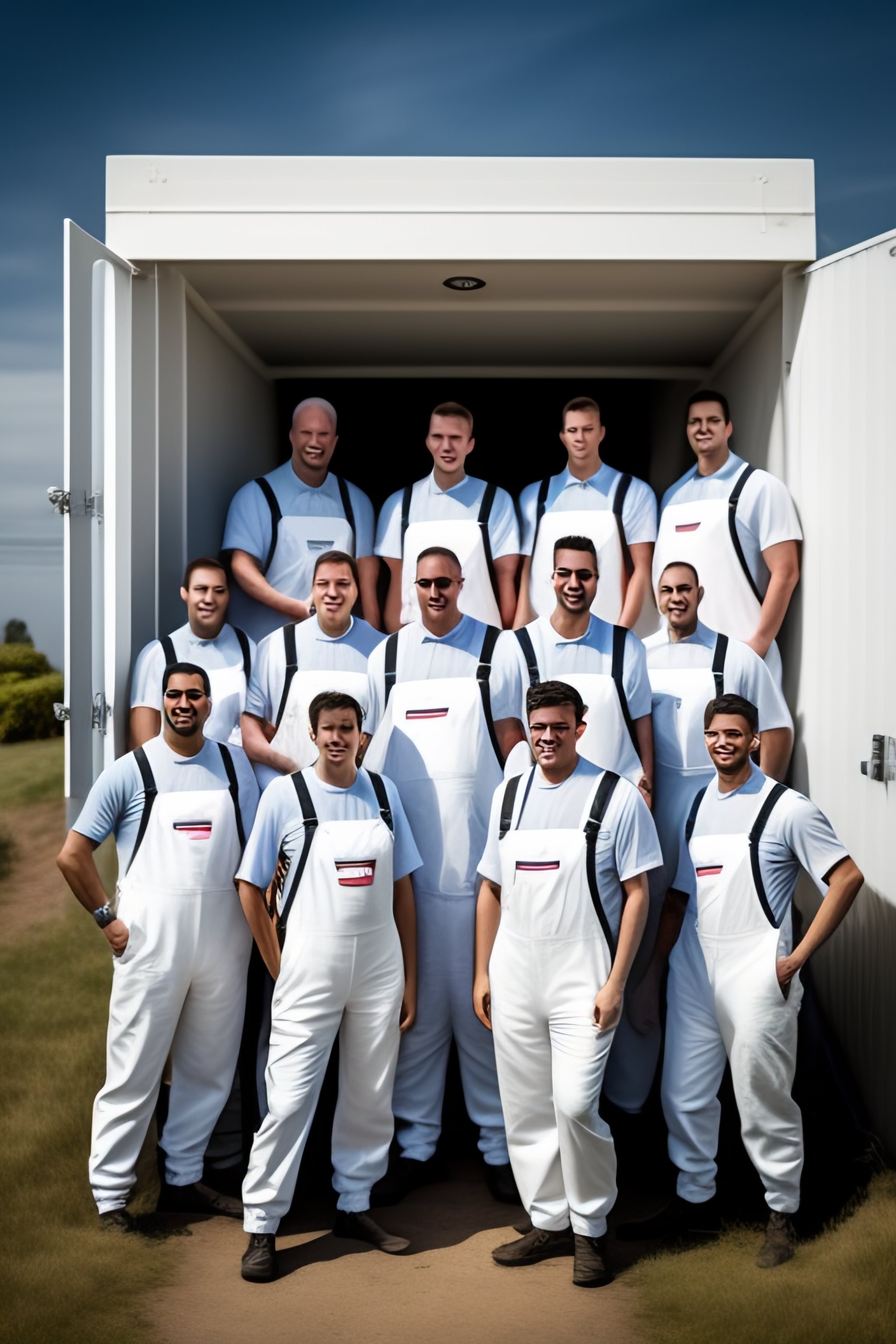 Lexica - An army of smiling painters wearing white dungarees, wide ...