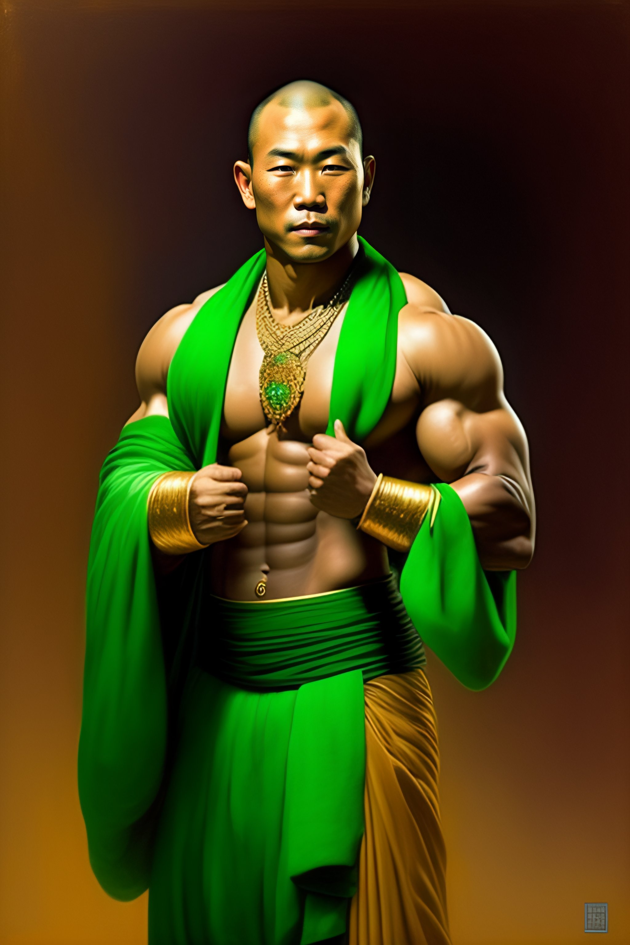 Lexica - Asian monk with bulging muscles and green and gold cloth pants ...