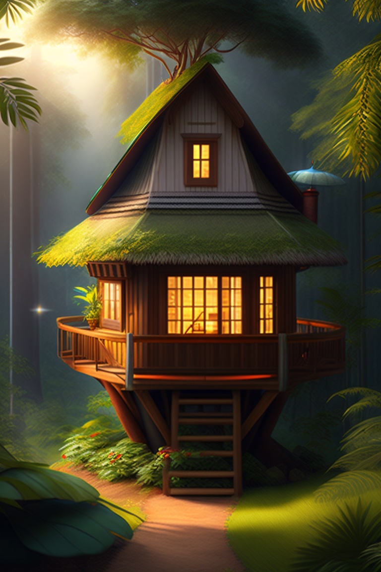 Lexica - A cute cozy tree house in the middle of the beautiful jungle