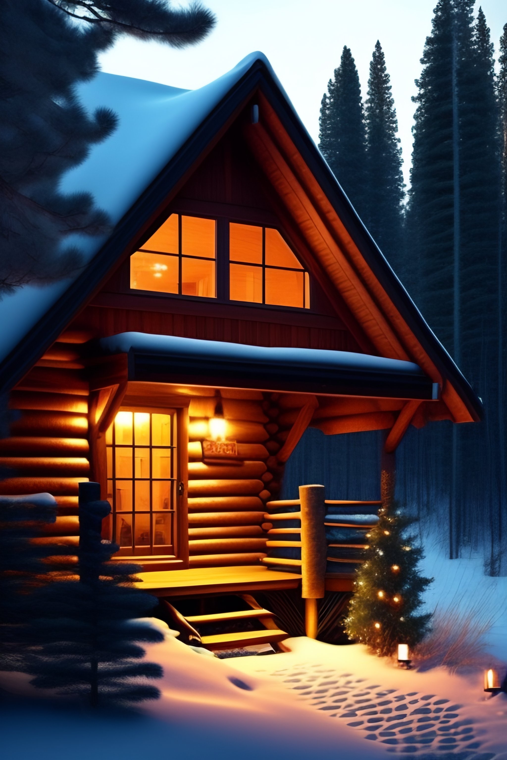 Lexica - Wooden cabin on the mountain, cozy, bonfire in front, decorations