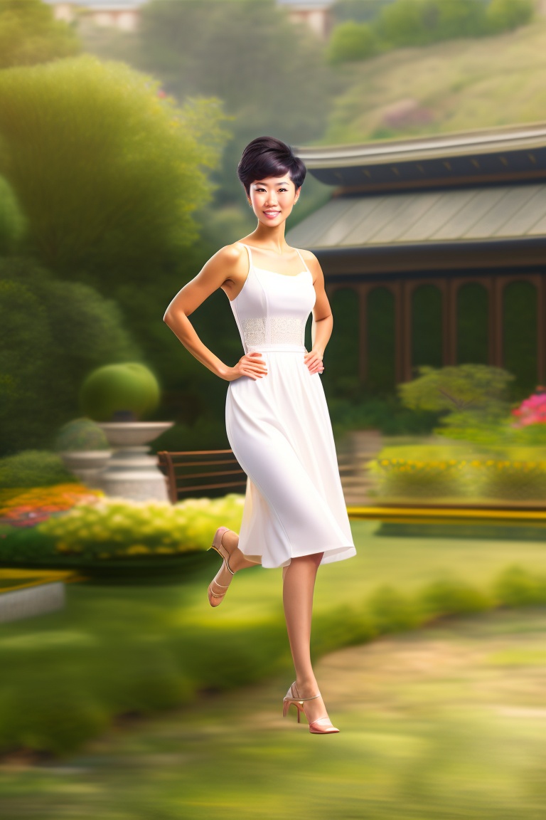 Lexica - Full sundress, asian physique, athletic, pixie cut hairstyle, barefoot