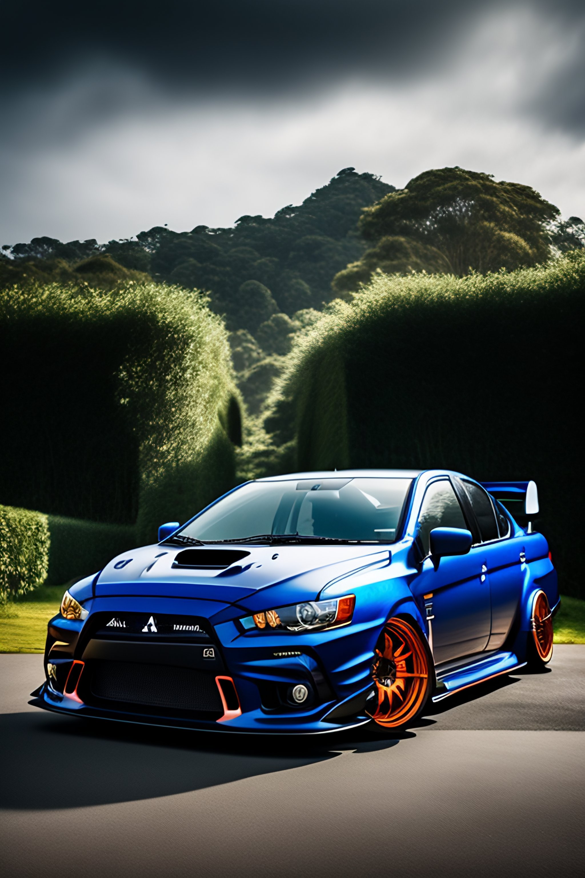 Lexica - Wide angle photo of mitsubishi lancer evolution 10 dark blue ...
