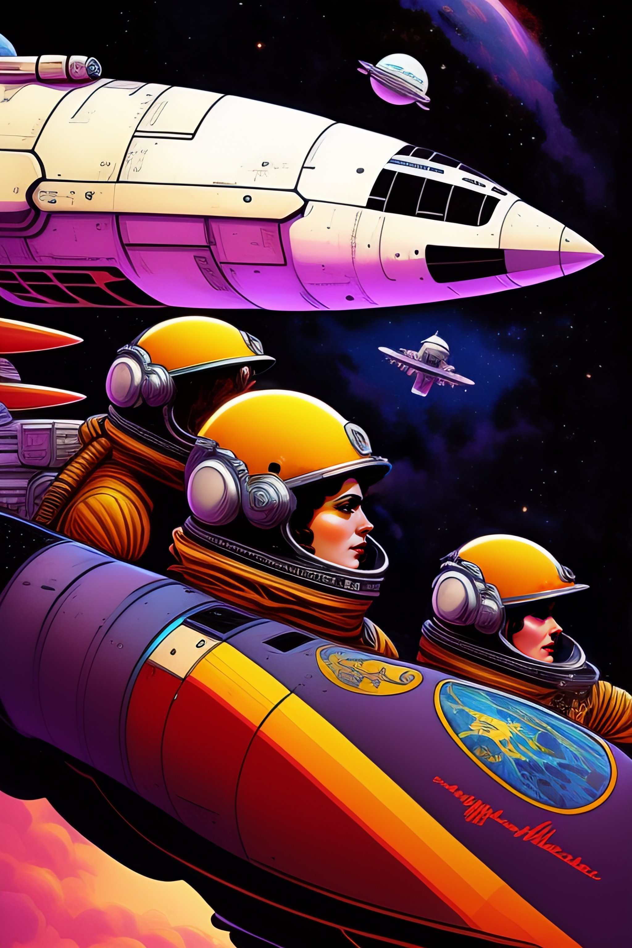 Lexica - Retro space captain giving commands to the crew in spacecraft ...