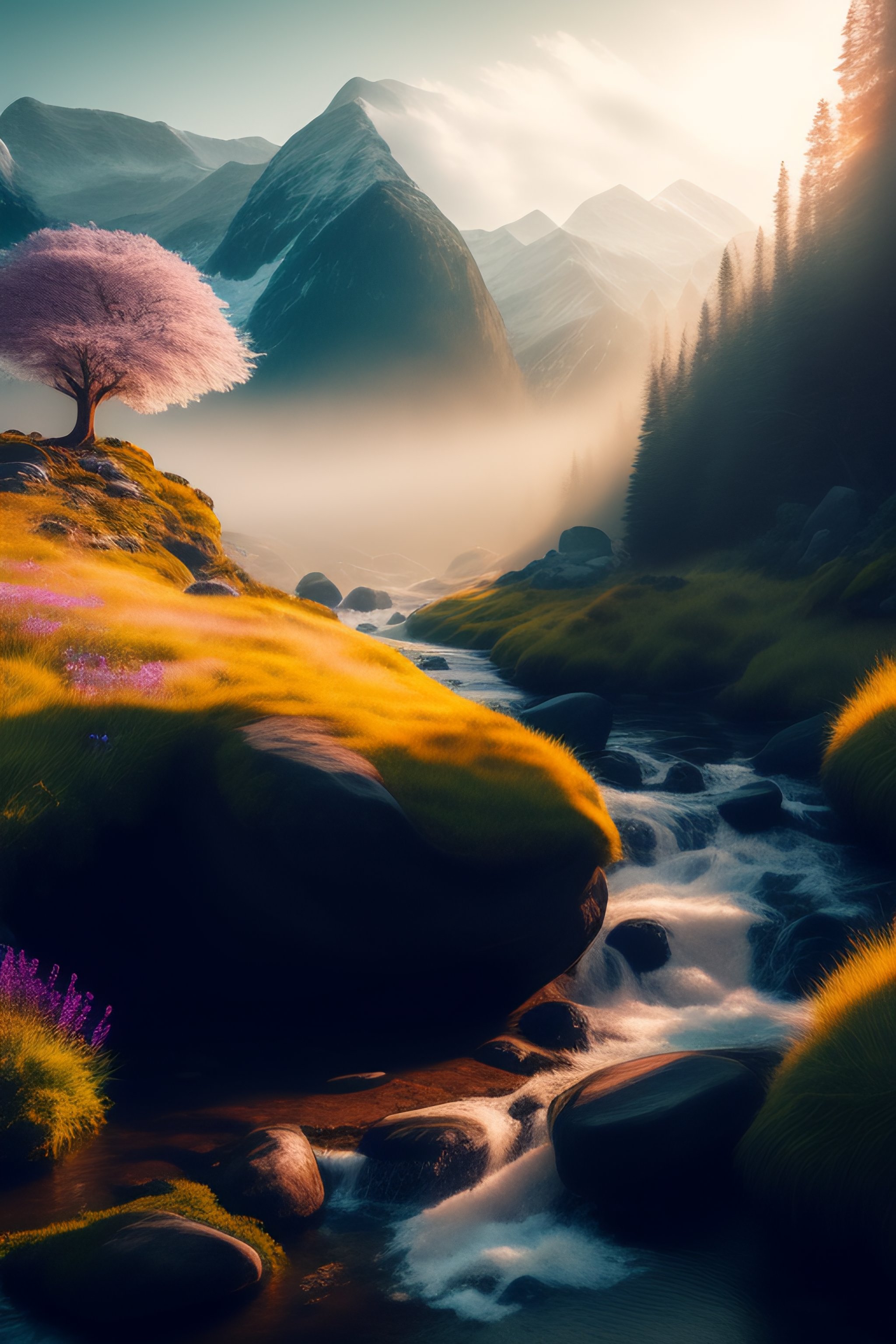 Lexica - A beautiful magical tree growing on top of a boulder beside a ...