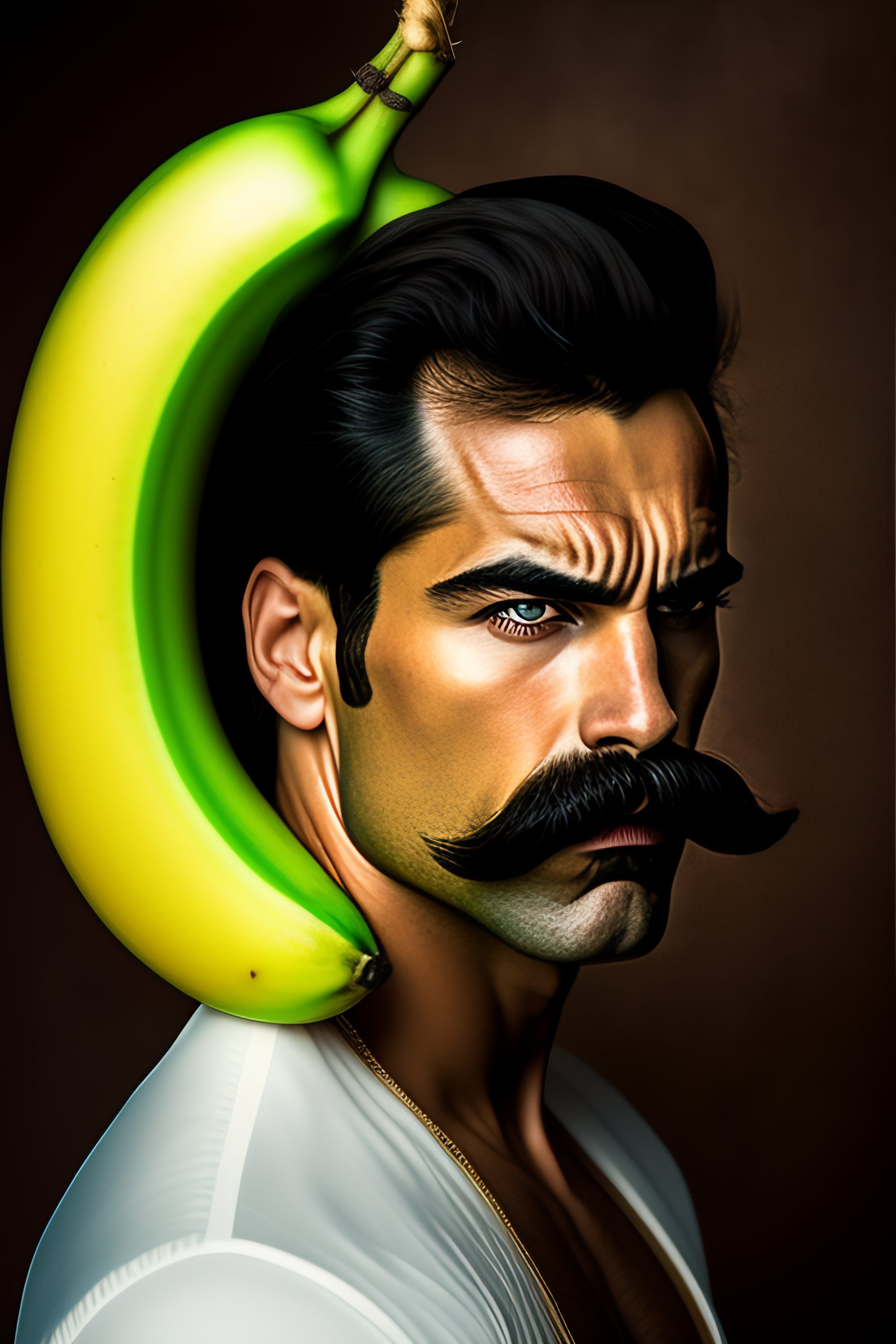 Lexica - Portrait of a man with a mustache looking angry at a banana