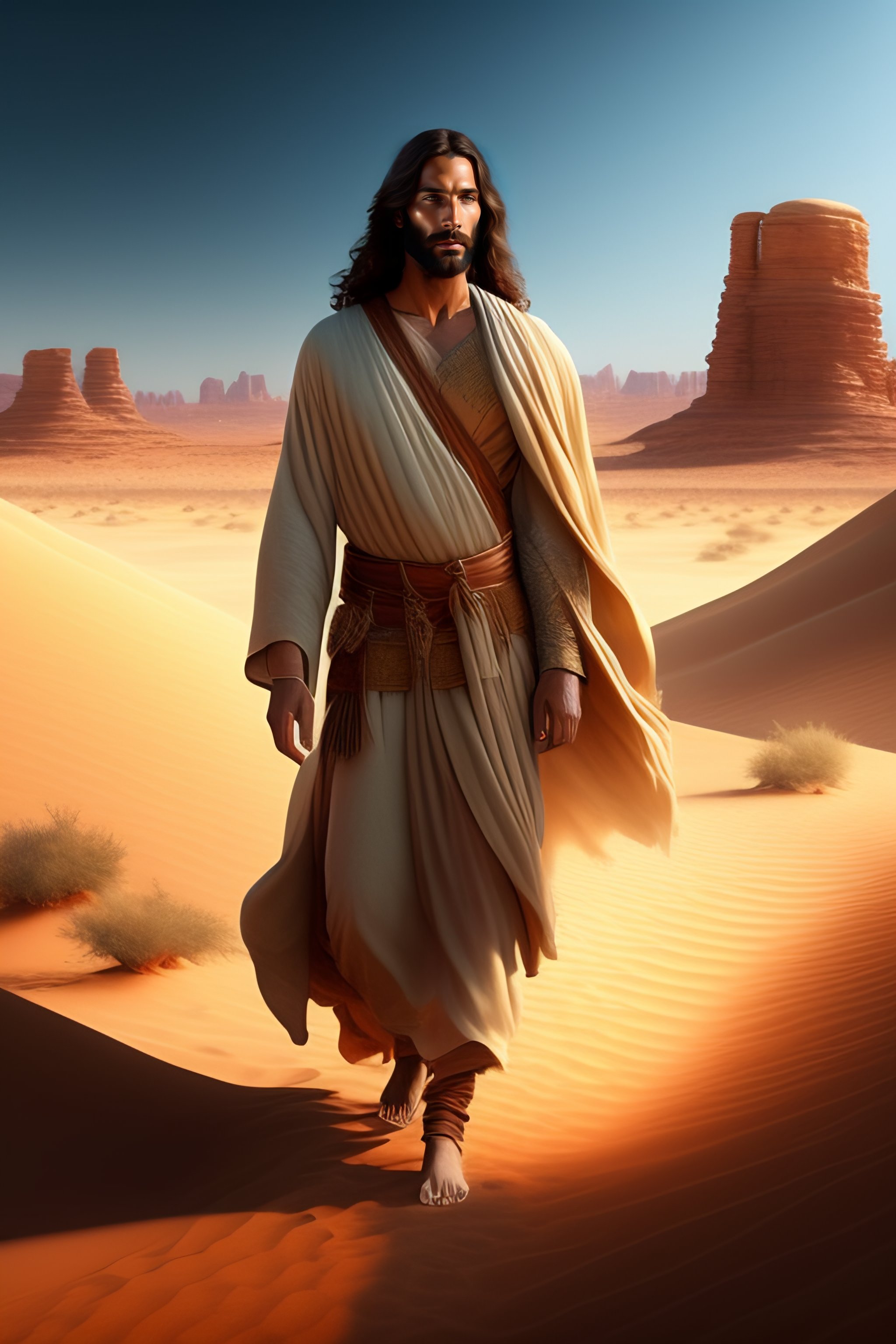 Lexica - Painting of jesus christ walking in the desert, realistic ...