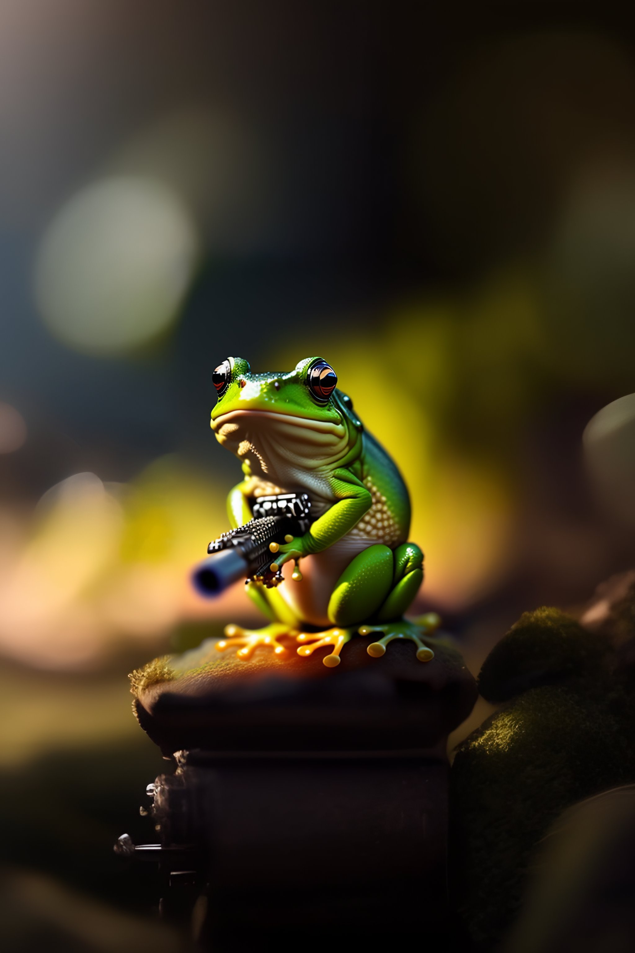 Lexica - A frog wielding a rocket-launcher from a video game.