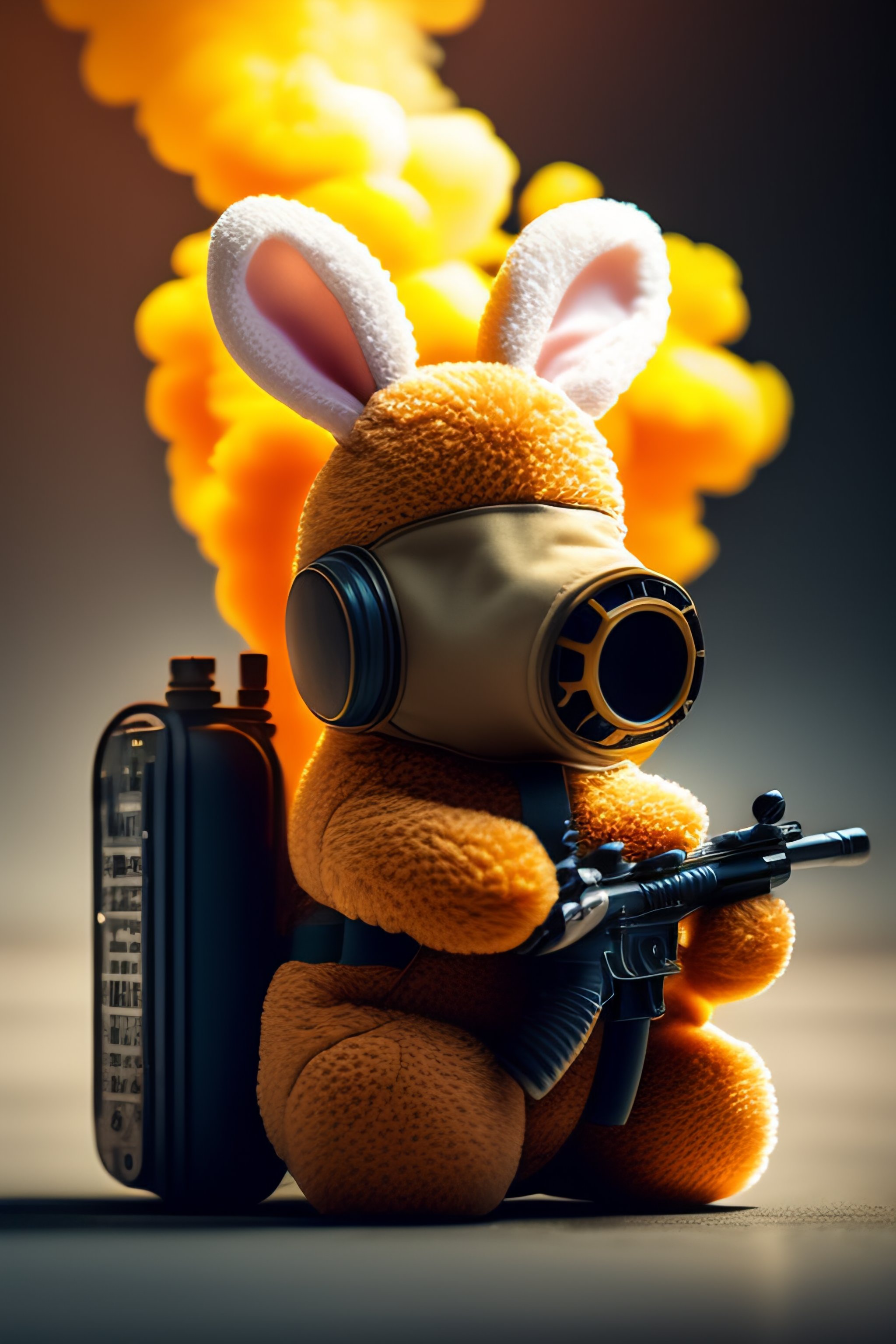 Lexica - Plush rabbit in a gas mask with a machine gun against the ...