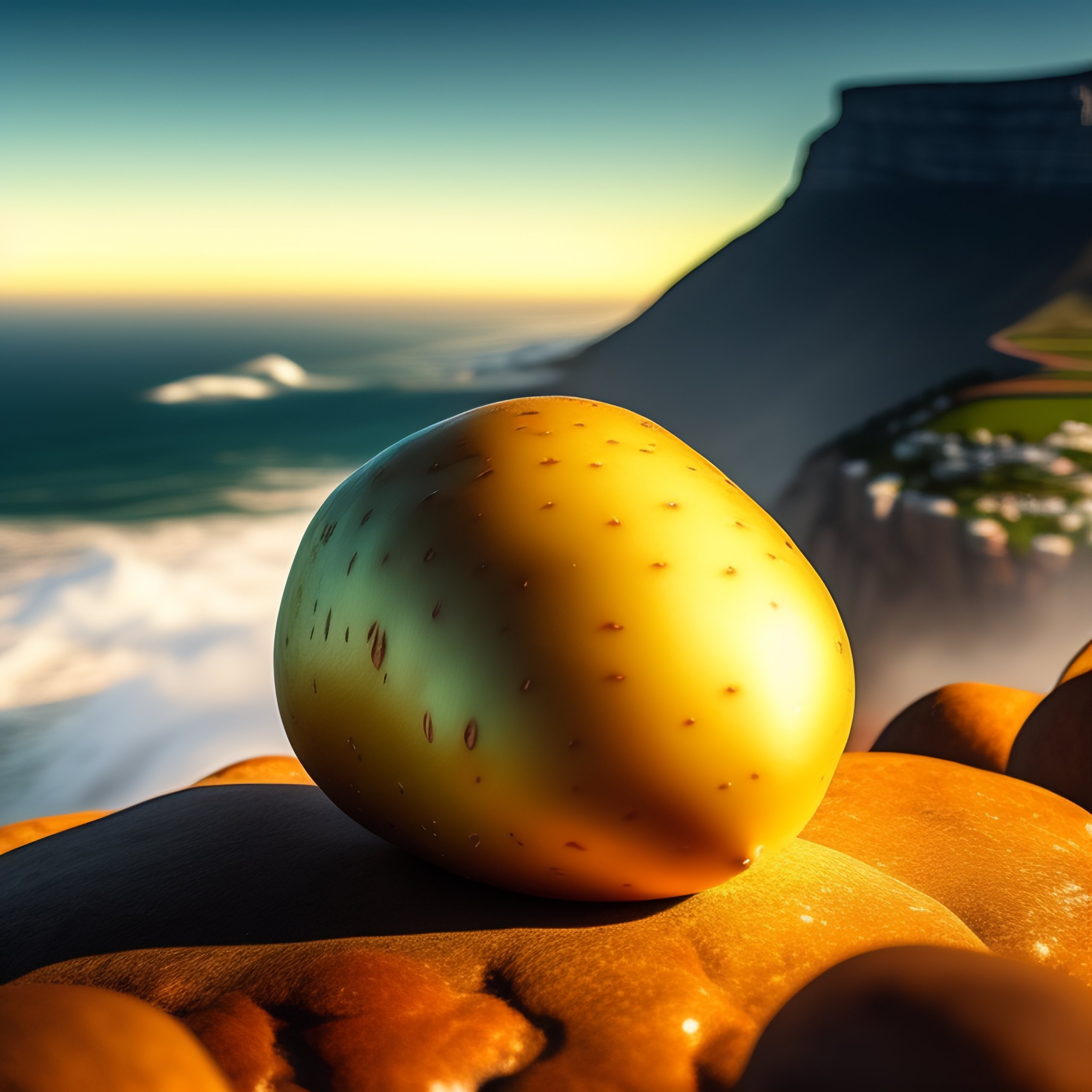 Lexica - Imagine a living potato standing atop a windswept cliff in ...