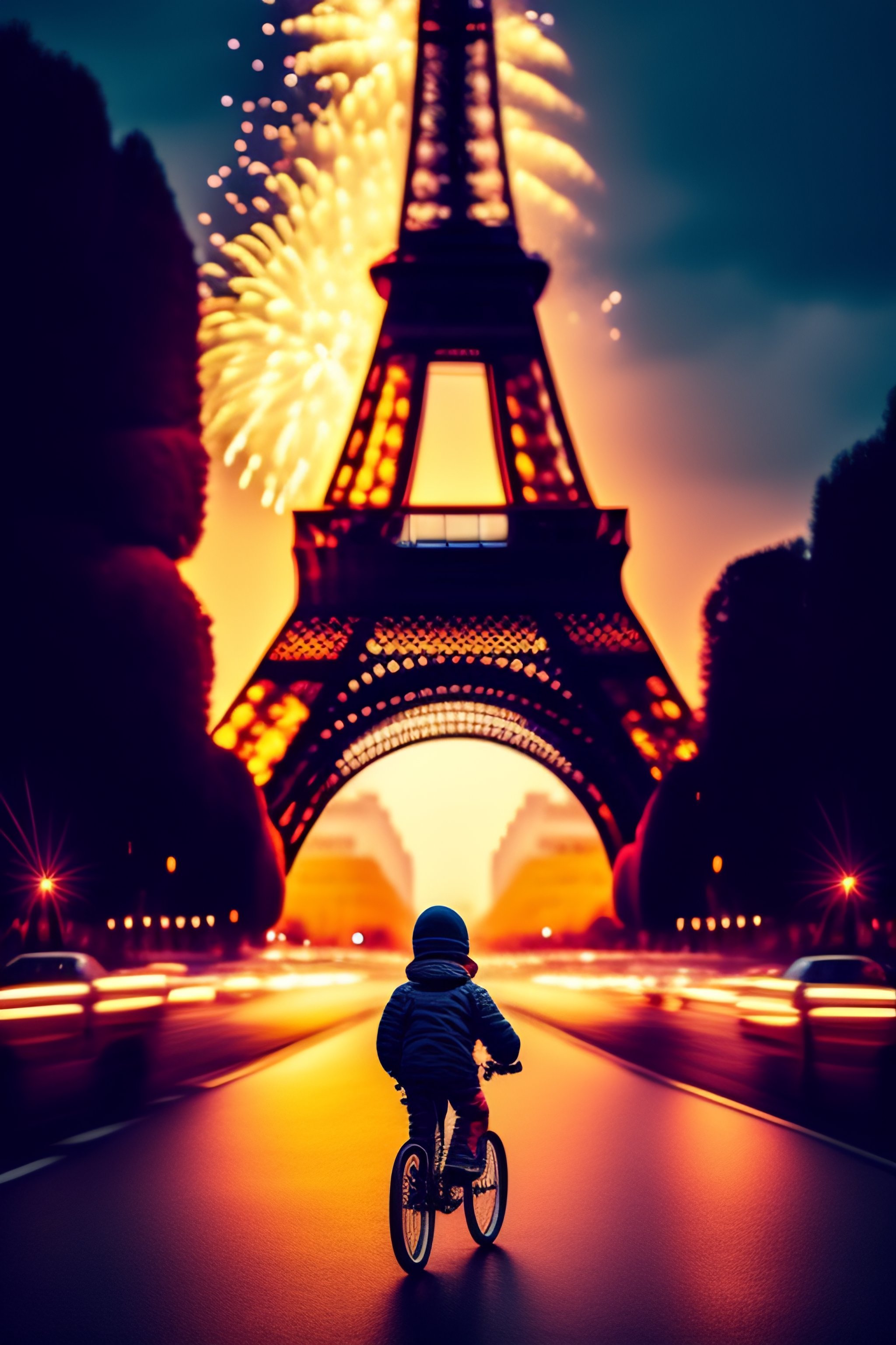 Lexica - Boy on a bike riding to the eiffel tower on new year with a ...