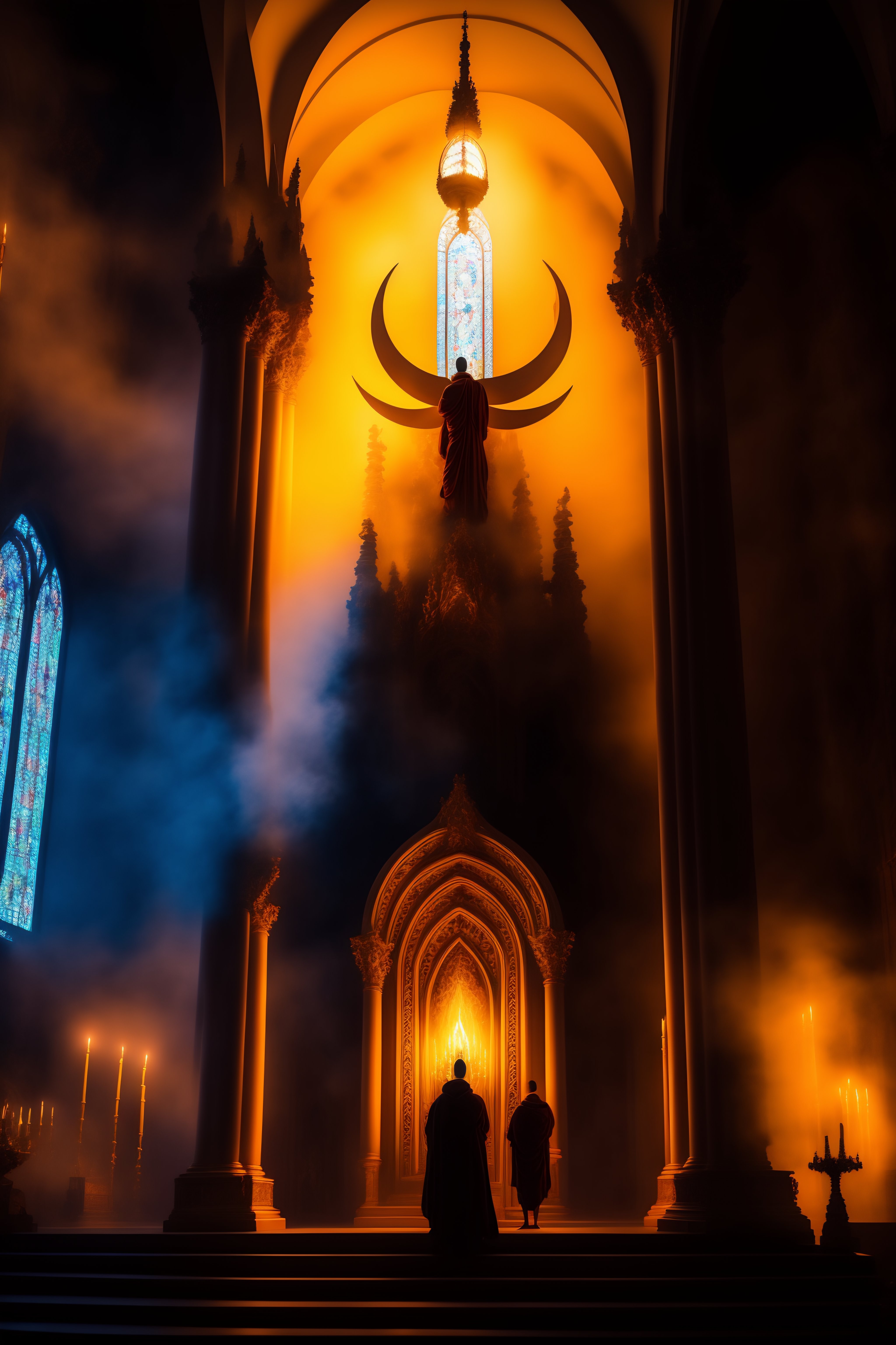 Lexica - Hooded monks offering incense to a huge Baphomet statue in a ...